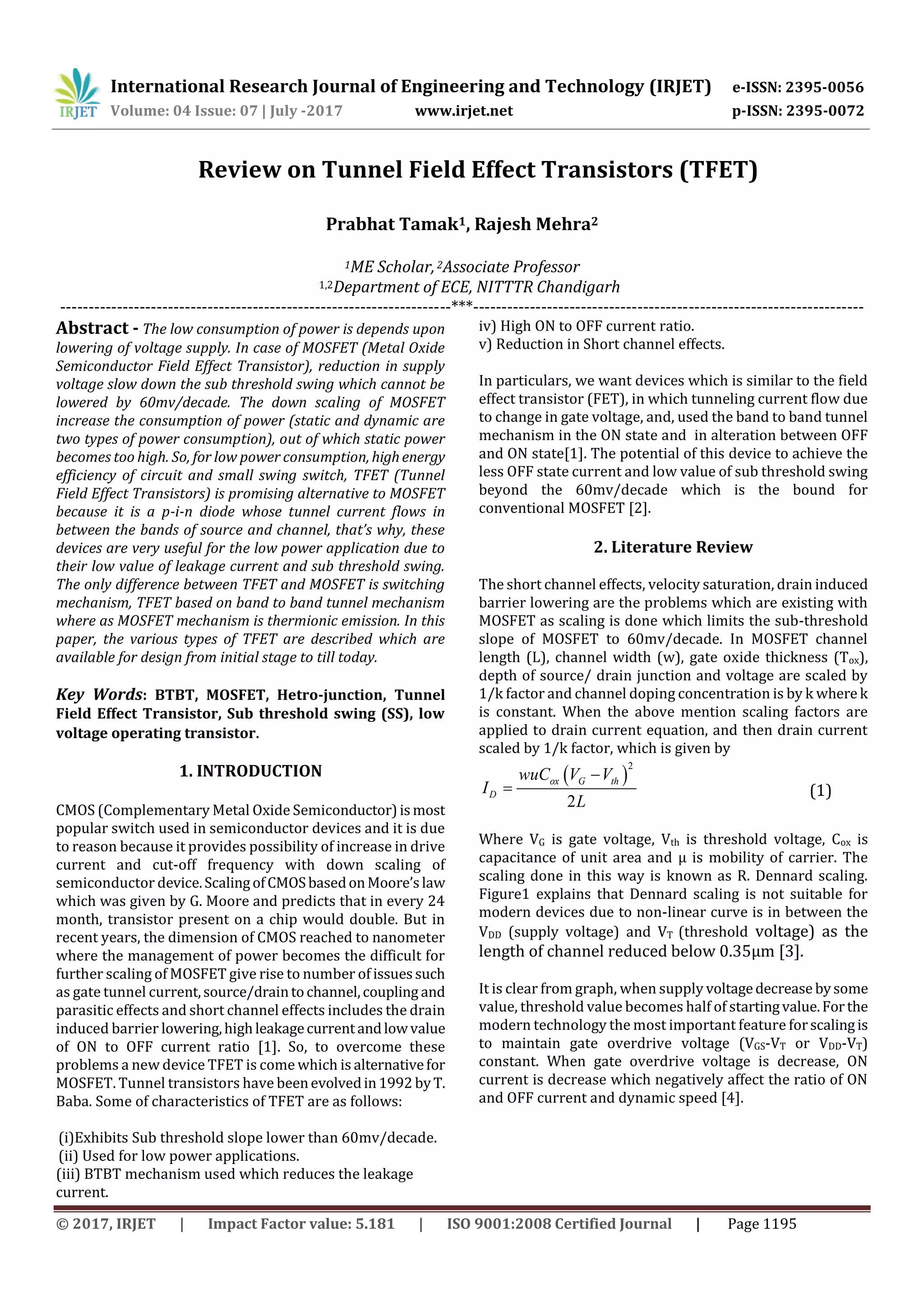 Review on Tunnel Field Effect Transistors (TFET) | PDF | Physics | Science