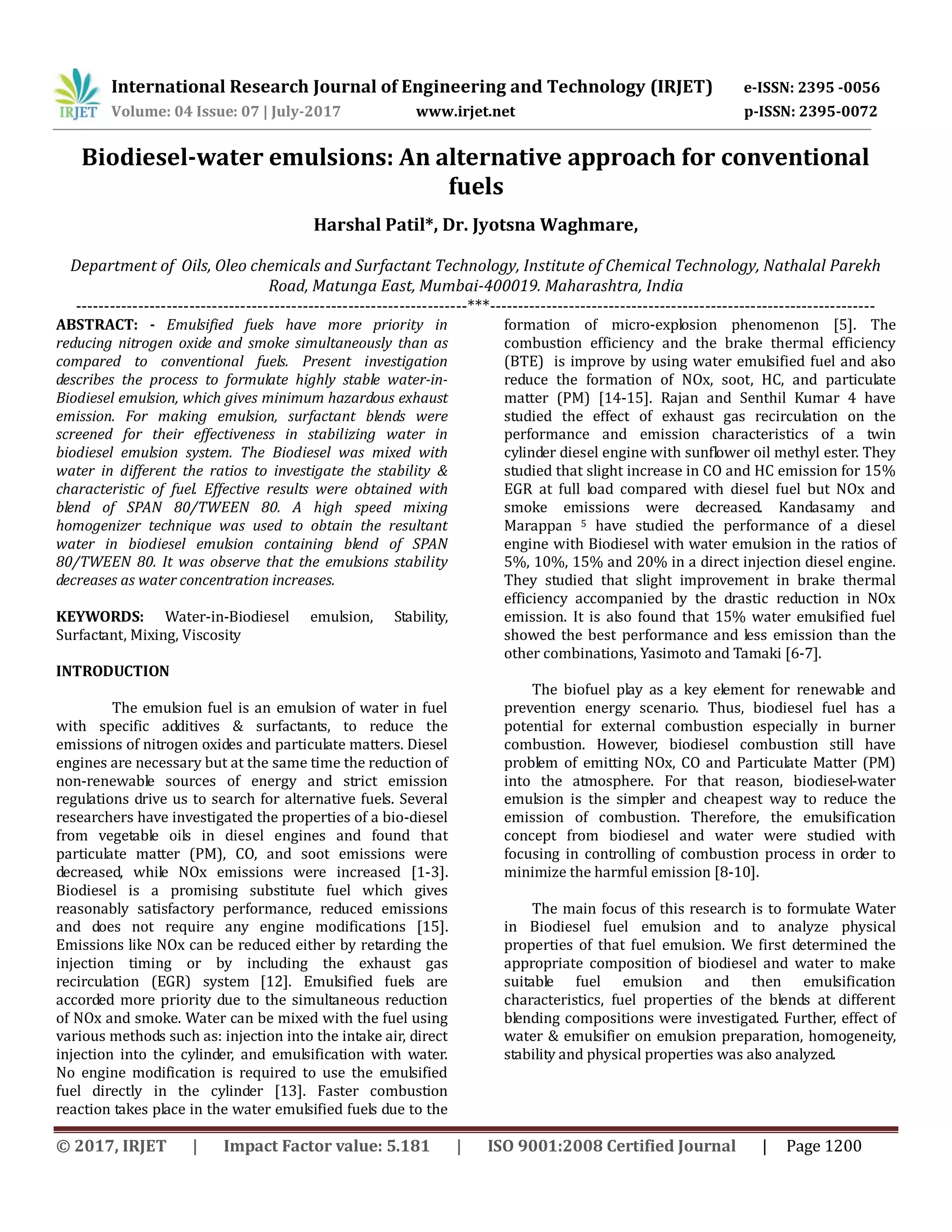 Biodiesel-water emulsions: An Alternative Approach for Conventional ...