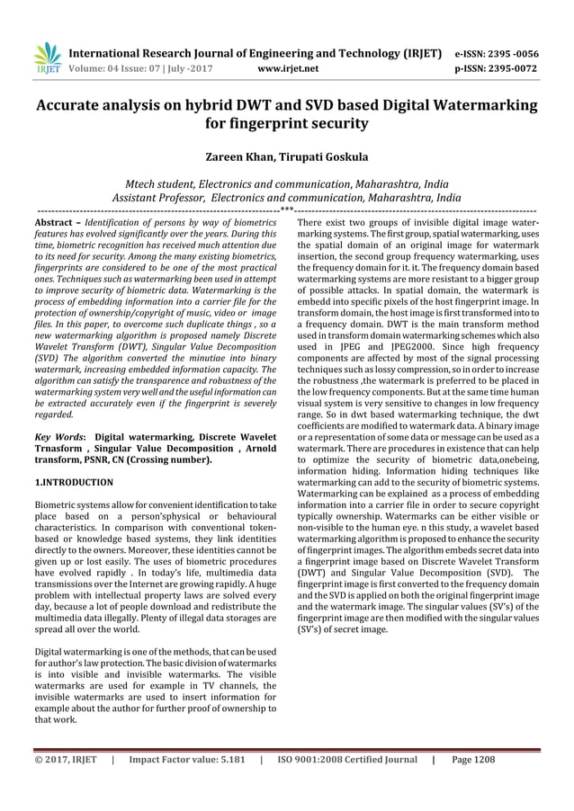 Accurate Analysis on Hybrid DWT and SVD Based Digital Watermarking for Fingerprint Security | PDF