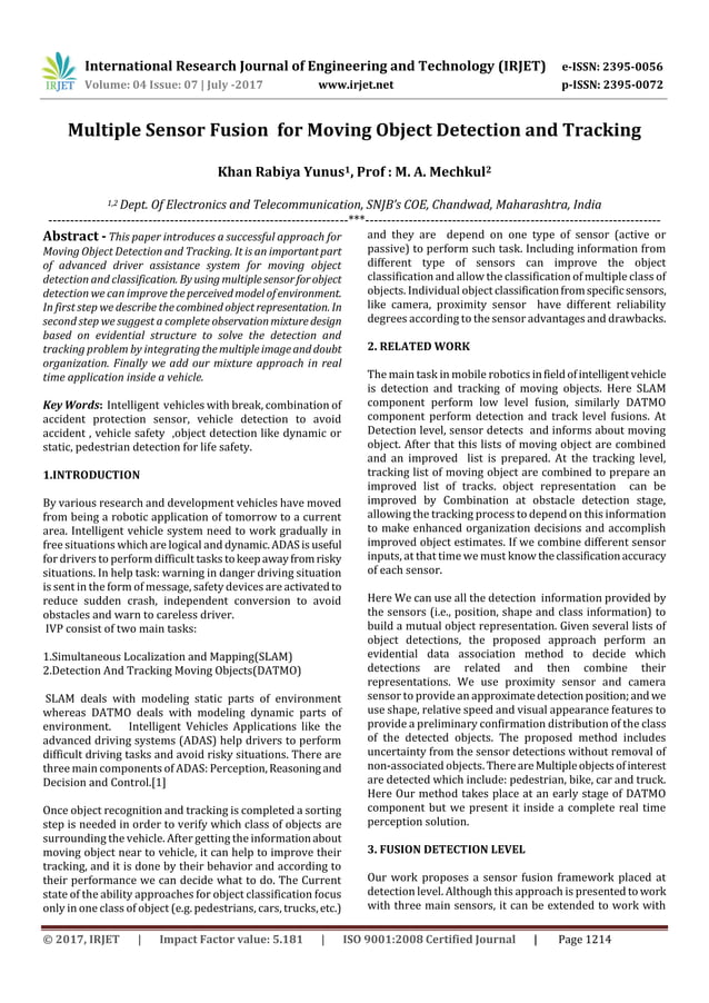 Multiple Sensor Fusion For Moving Object Detection And Tracking Pdf
