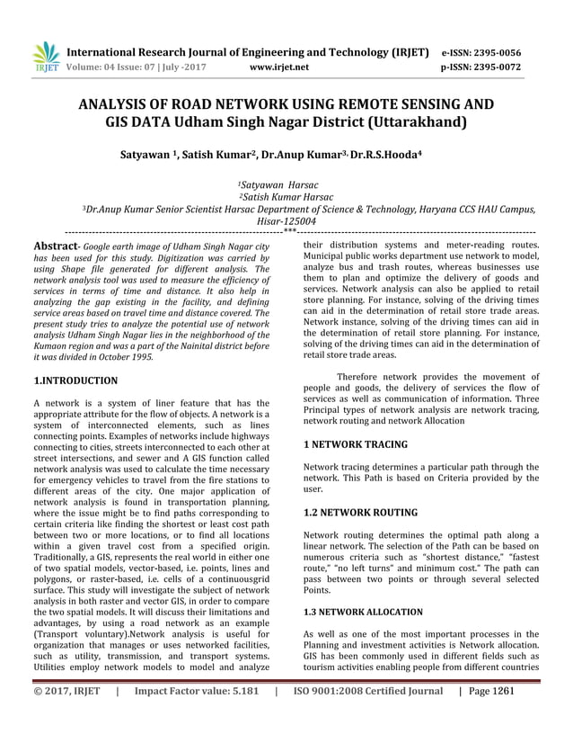 Analysis of Road Network using Remote Sensing and GIS Data Udham Singh Nagar District ...