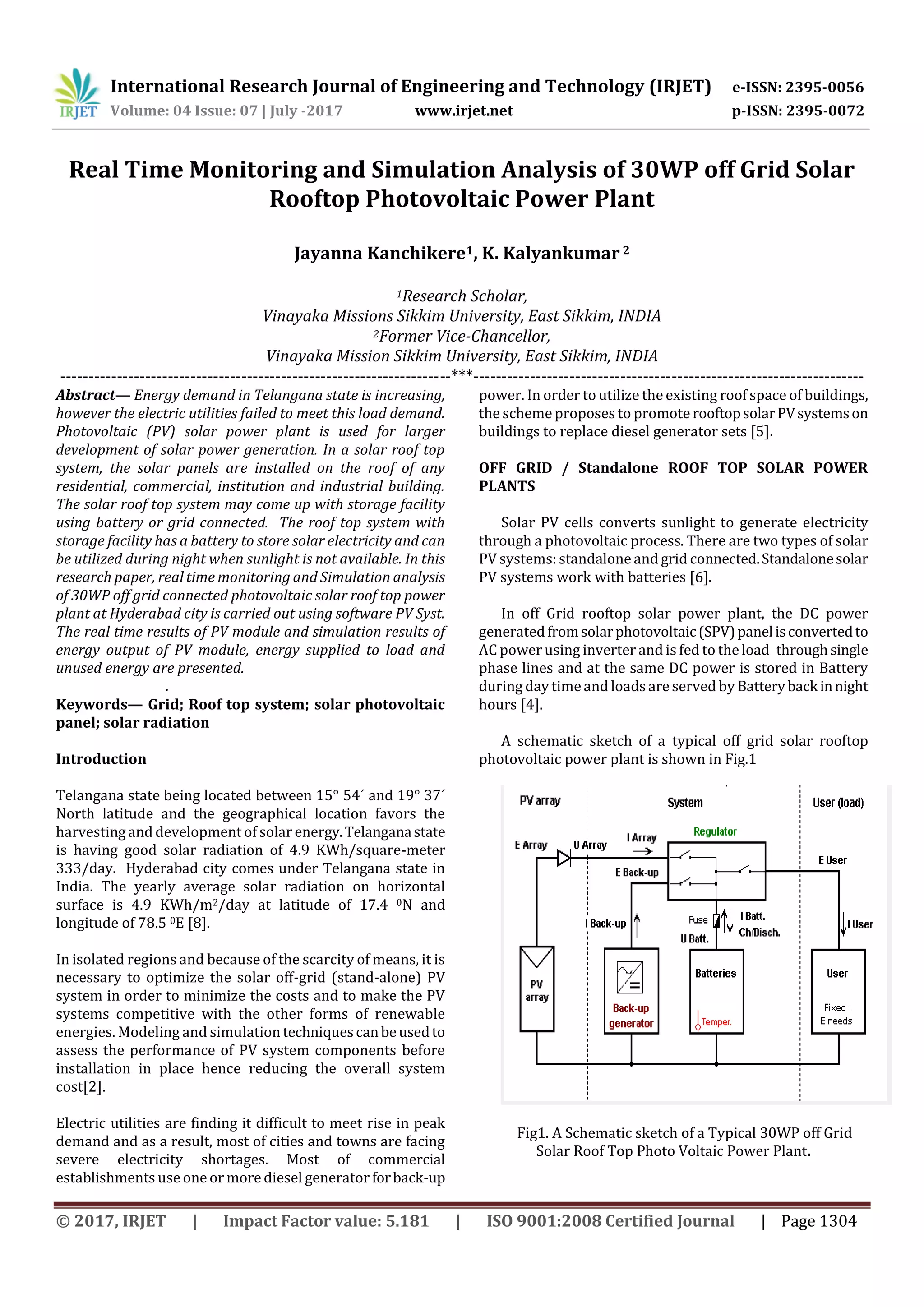 Real Time Monitoring and Simulation Analysis of 30WP off Grid Solar Rooftop Photovoltaic Power ...