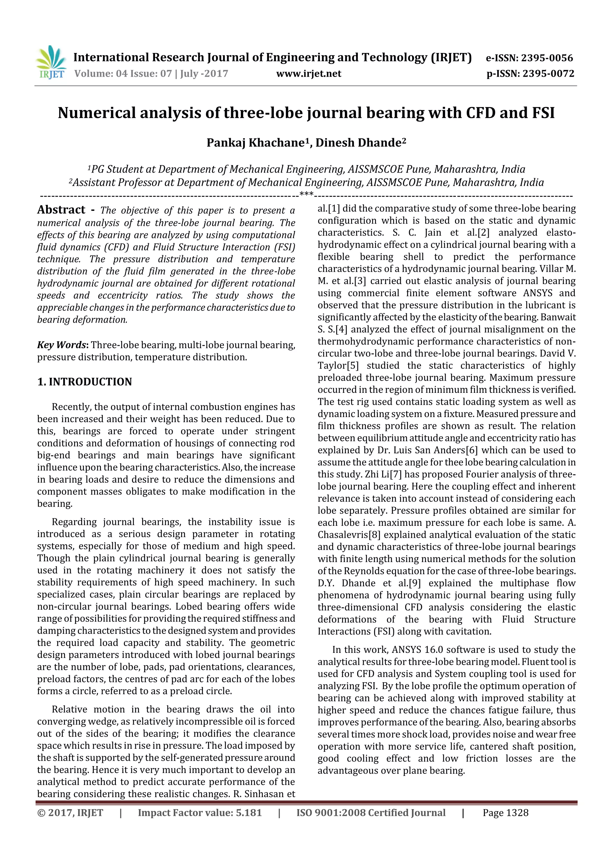 Numerical Analysis of Three-lobe Journal Bearing with CFD and FSI | PDF