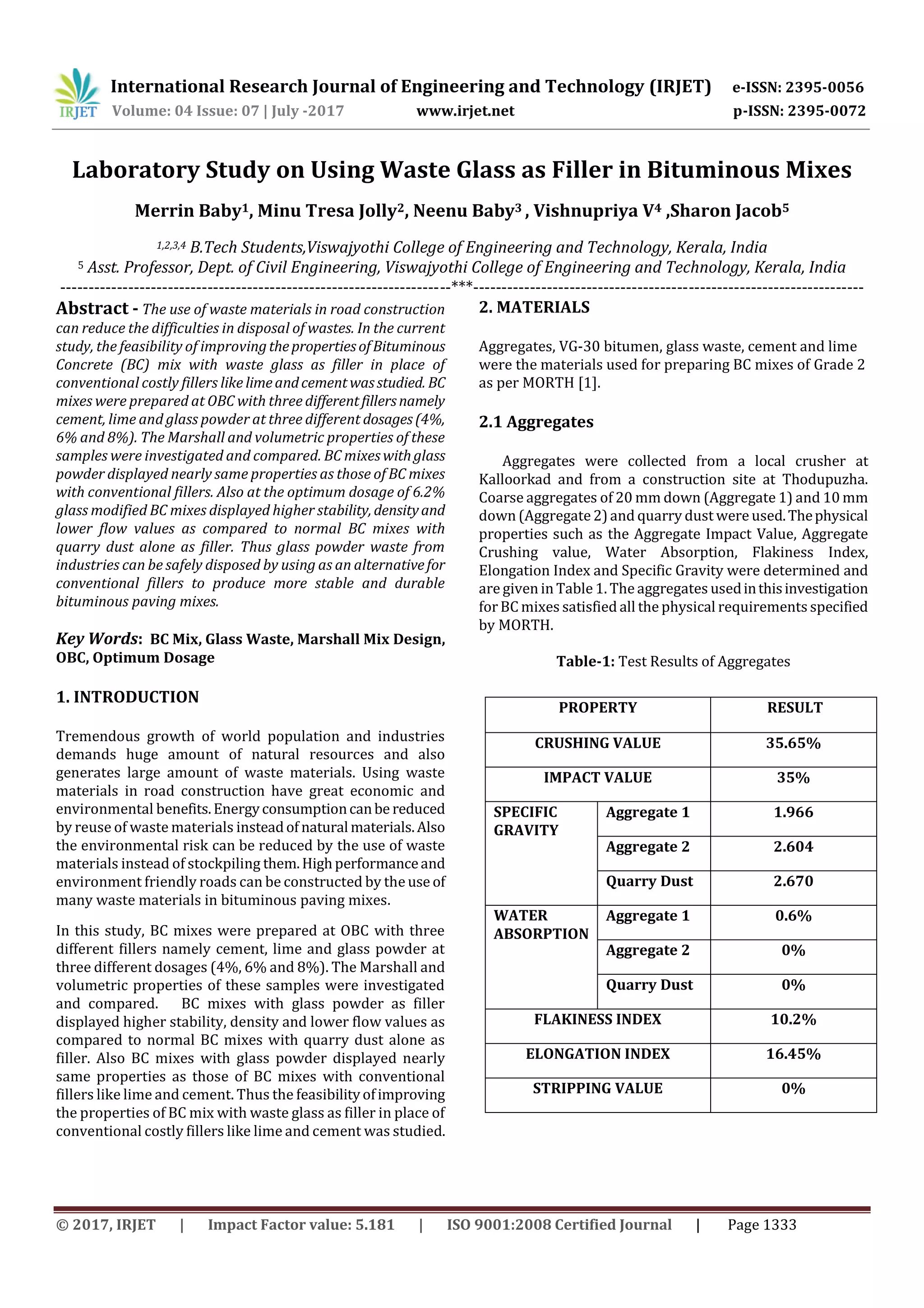 Laboratory Study on using Waste Glass as Filler in Bituminous Mixes ...