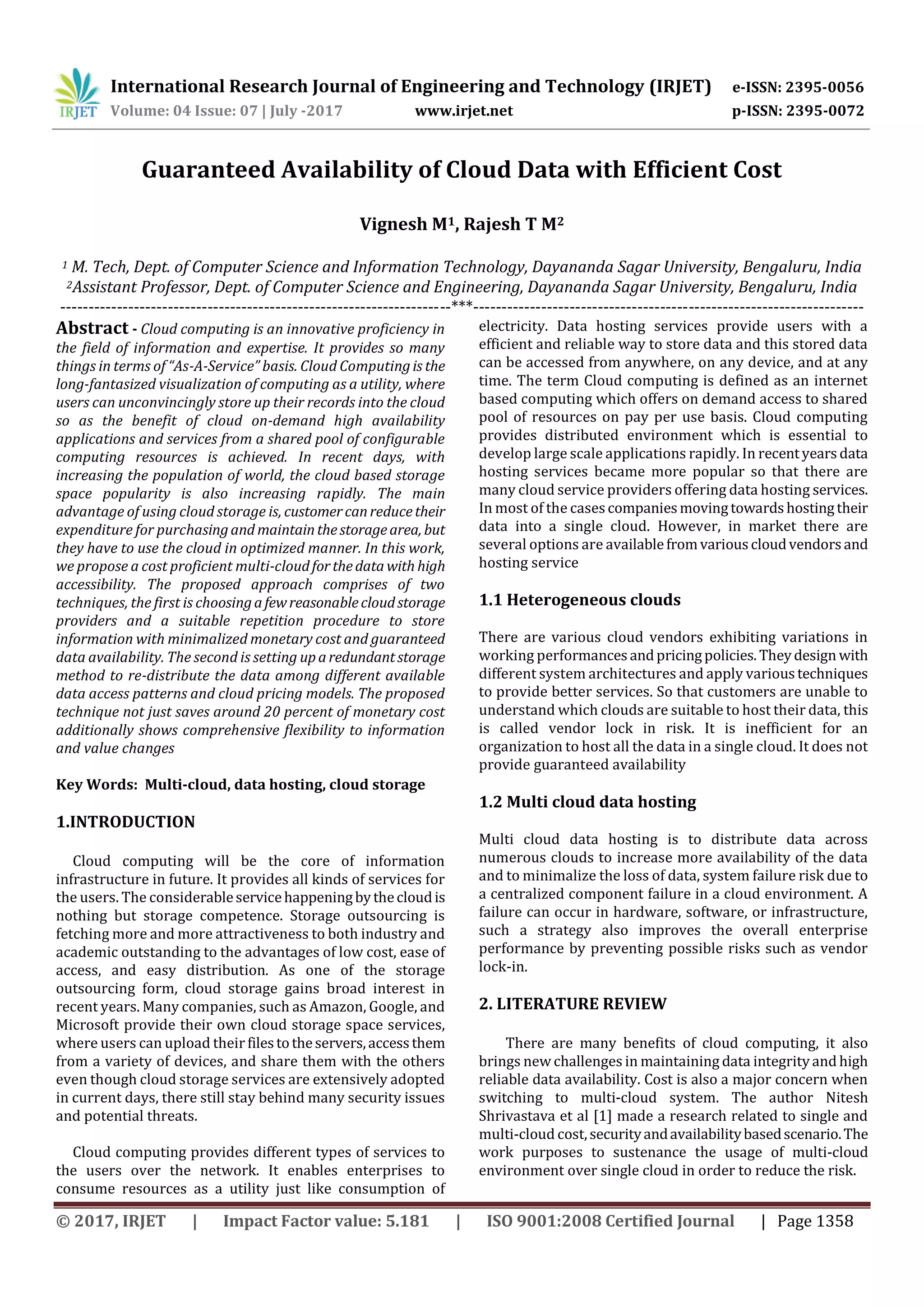 Guaranteed Availability of Cloud Data with Efficient Cost | PDF