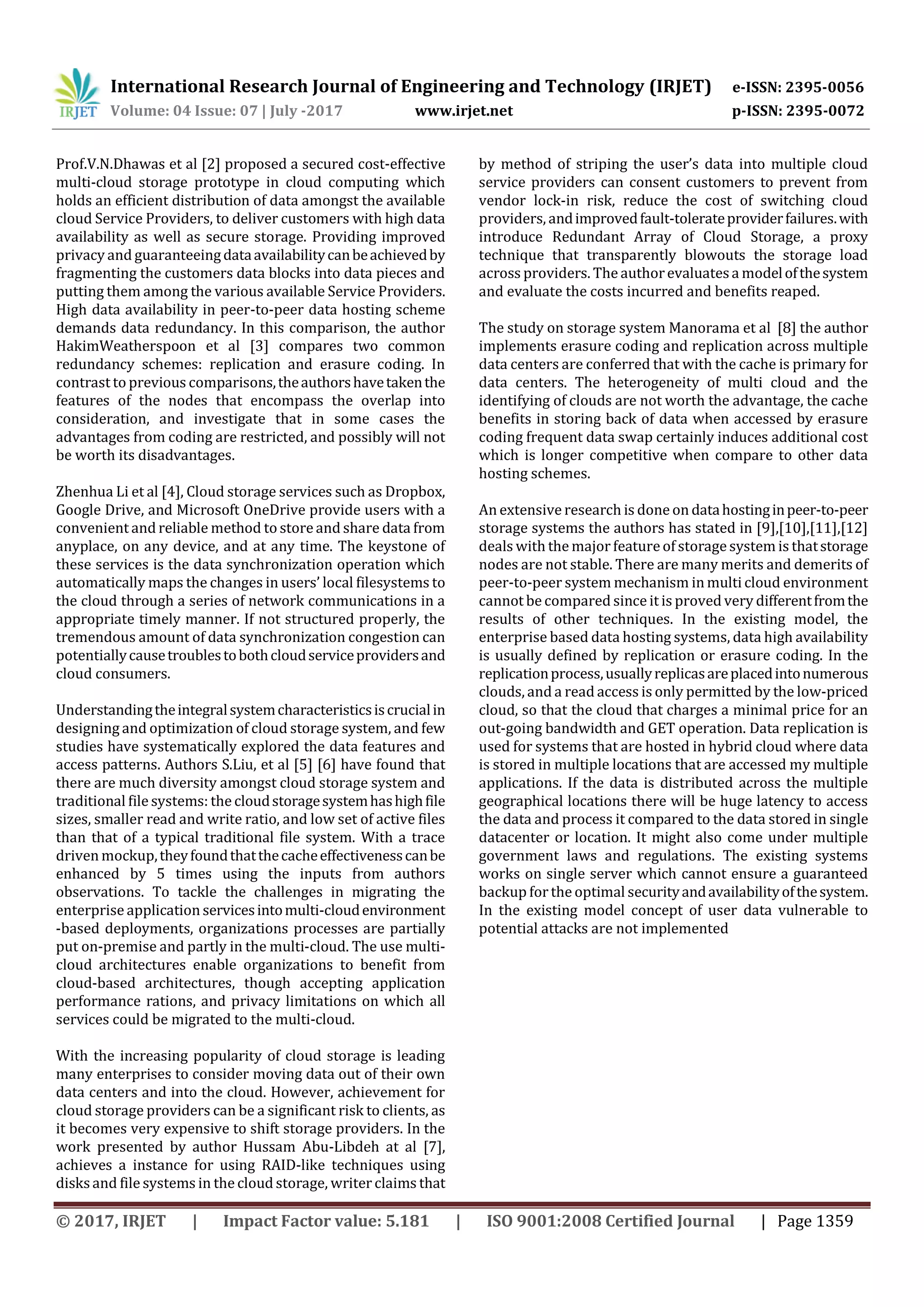 Guaranteed Availability of Cloud Data with Efficient Cost | PDF