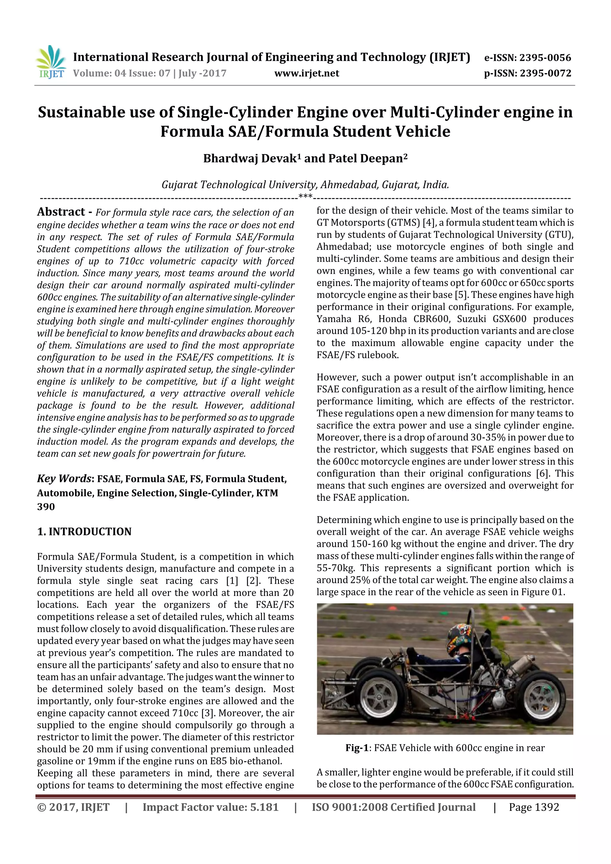 Sustainable Use of Single-Cylinder Engine Over Multi-Cylinder Engine in ...