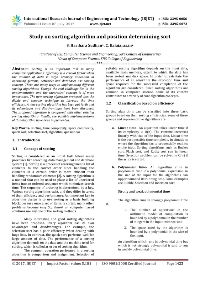 Study on Sorting Algorithm and Position Determining Sort | PDF