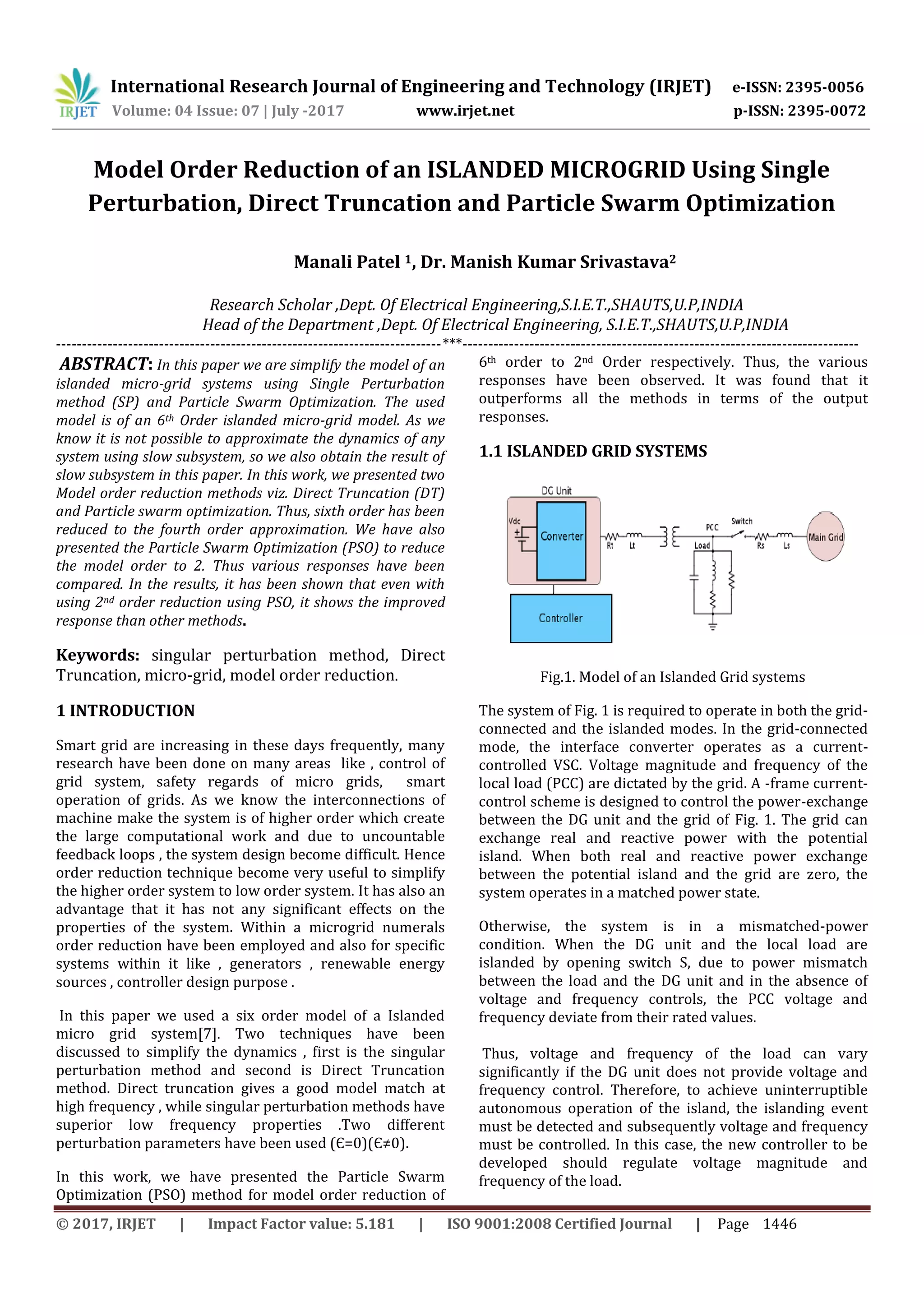 Model Order Reduction Of An Islanded Microgrid Using Single Perturbation Direct Truncation And