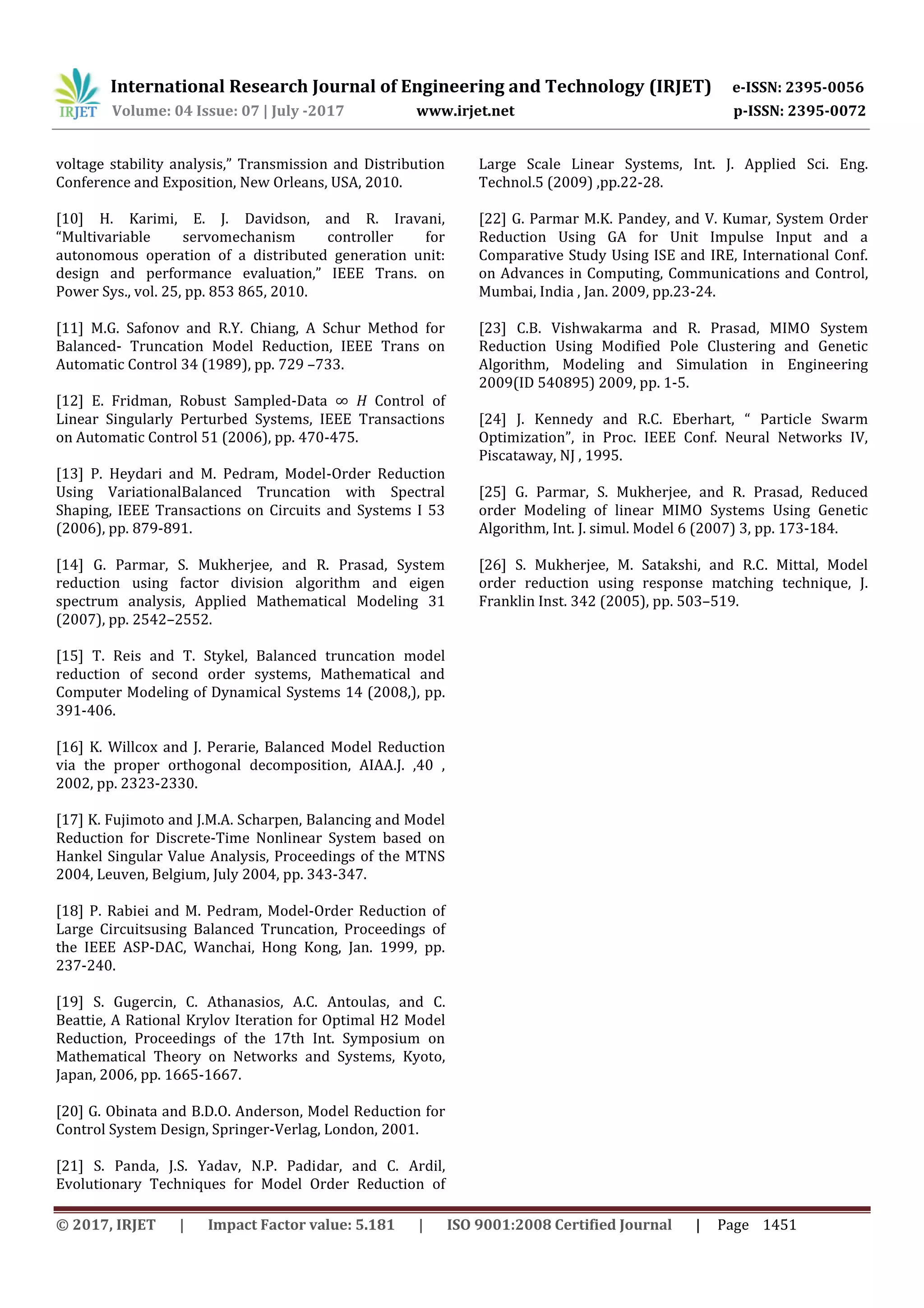Model Order Reduction of an ISLANDED MICROGRID using Single Perturbation, Direct Truncation and ...