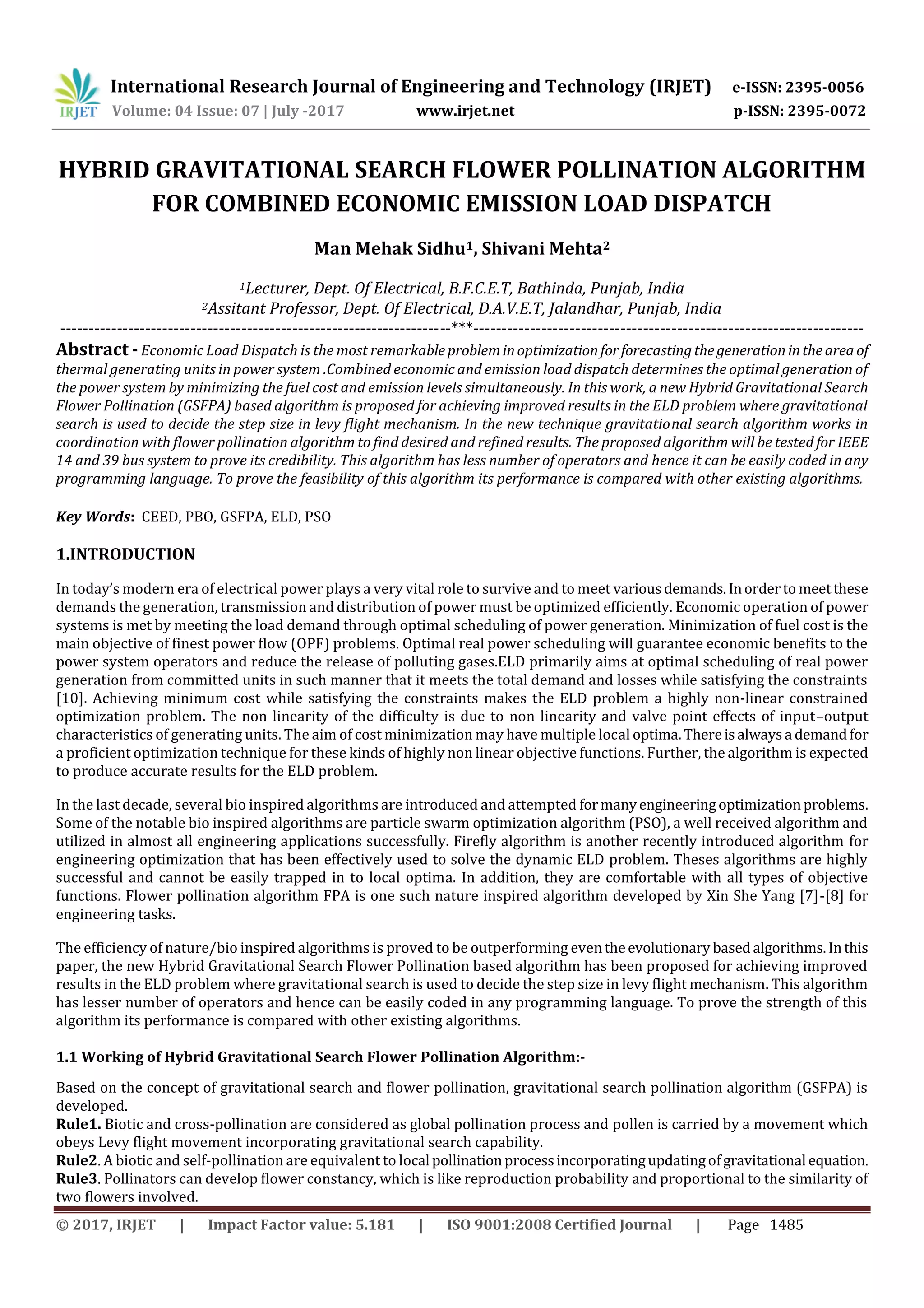 Hybrid Gravitational Search Flower Pollination Algorithm for Combined Economic Emission Load ...