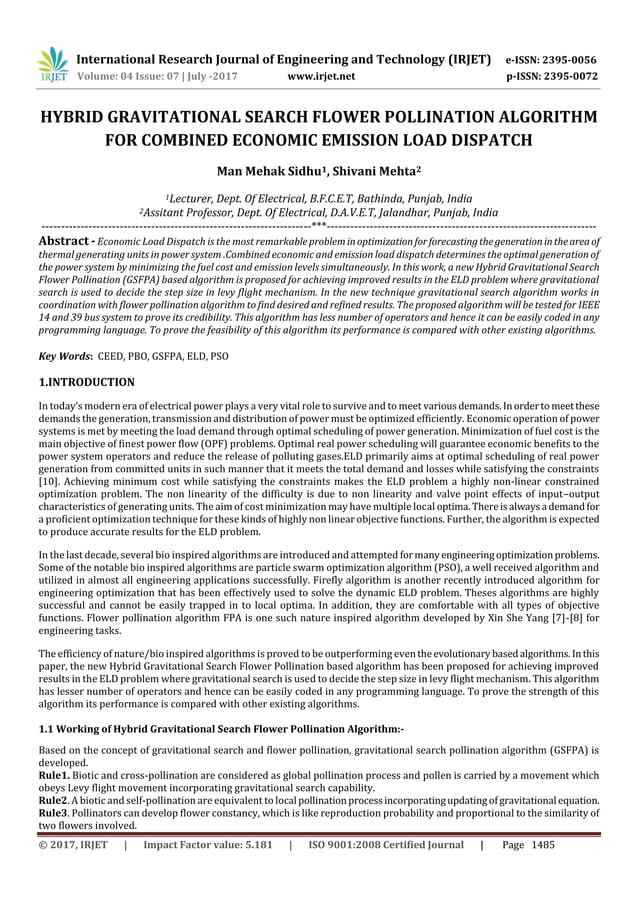 Hybrid Gravitational Search Flower Pollination Algorithm for Combined Economic Emission Load ...