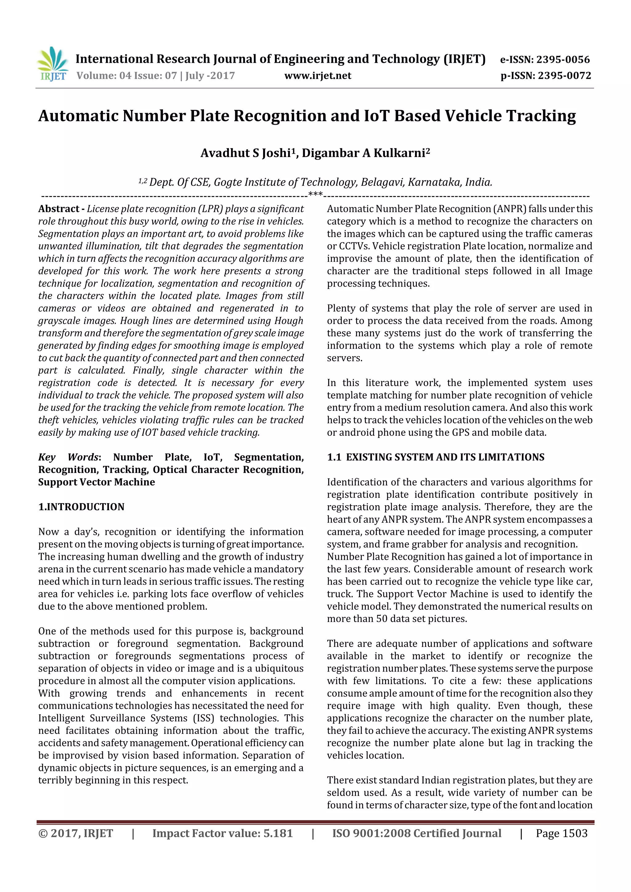Automatic Number Plate Recognition and IoT Based Vehicle Tracking | PDF