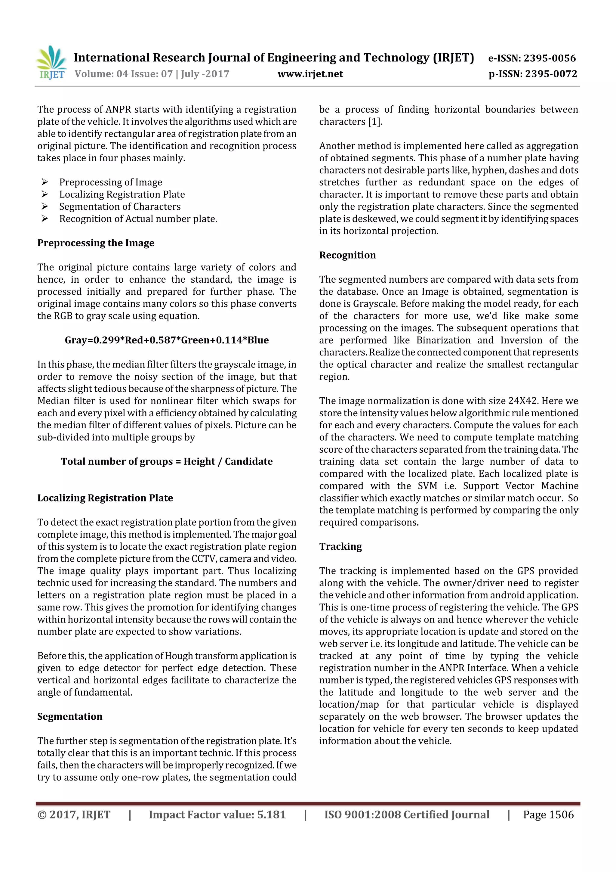 Automatic Number Plate Recognition and IoT Based Vehicle Tracking | PDF