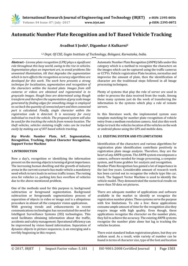 Automatic Number Plate Recognition and IoT Based Vehicle Tracking | PDF | Auto Navigation ...