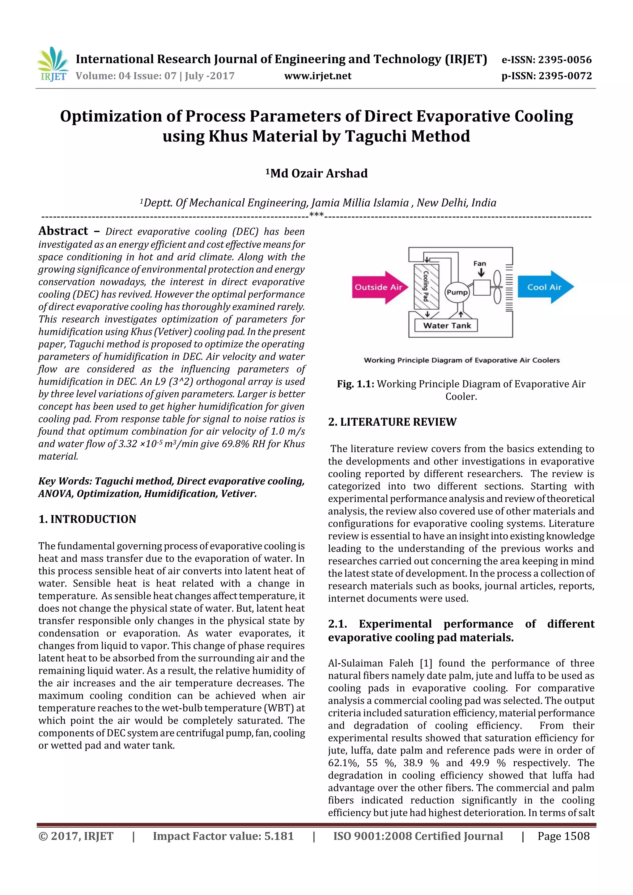 Optimization of Process Parameters of Direct Evaporative Cooling using Khus Material by Taguchi ...