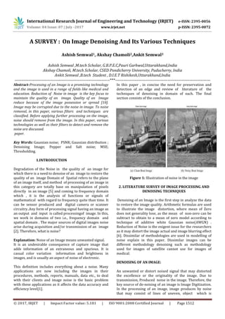 A SURVEY : On Image Denoising and its Various Techniques | PDF