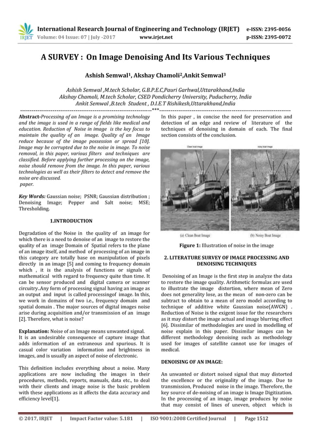 A SURVEY : On Image Denoising and its Various Techniques | PDF