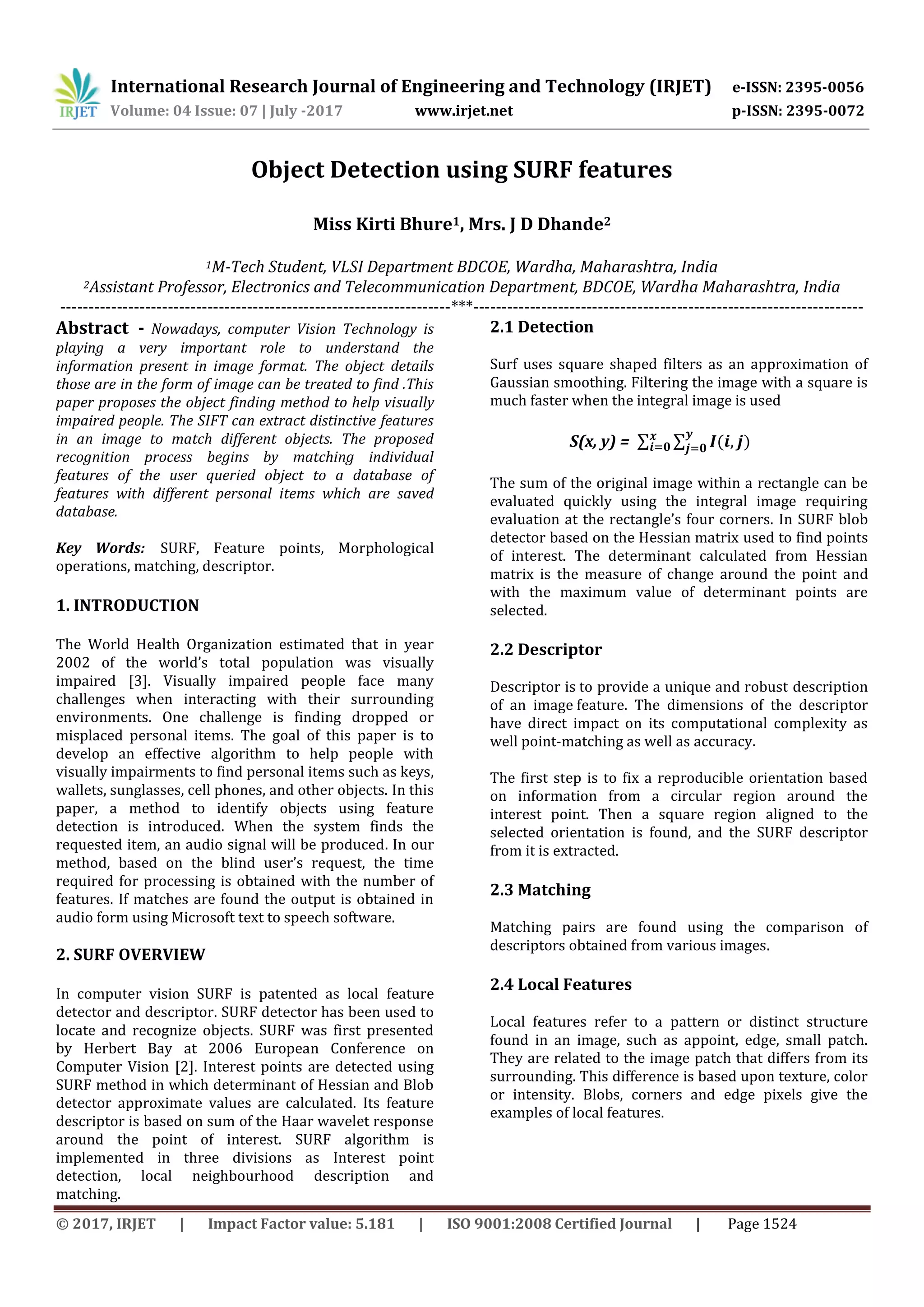 Object Detection Using Surf Features Pdf