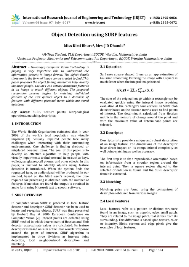 Object Detection using SURF features | PDF