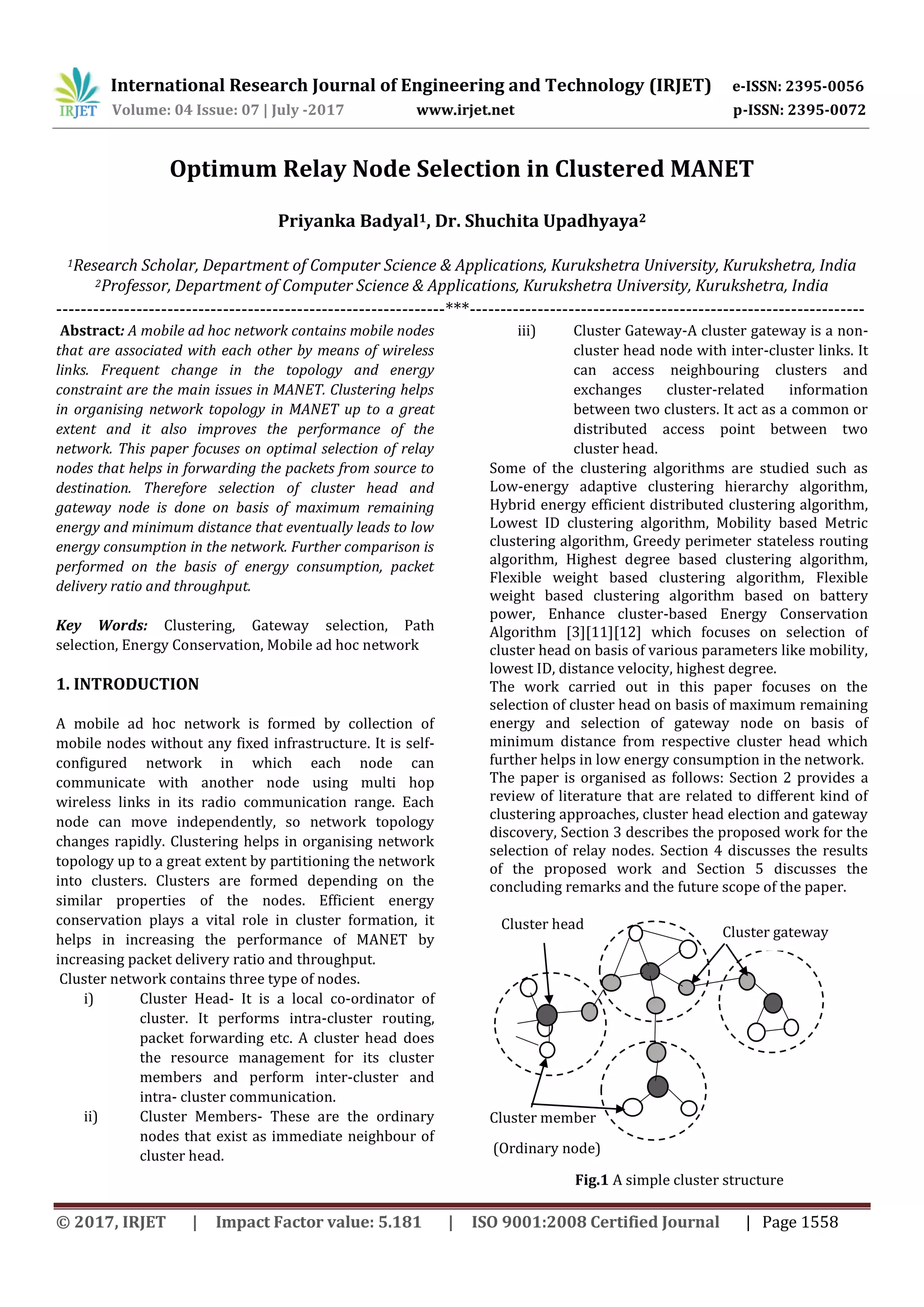 Optimum Relay Node Selection in Clustered MANET | PDF
