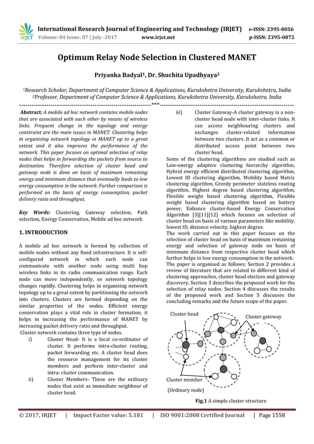 Optimum Relay Node Selection in Clustered MANET | PDF