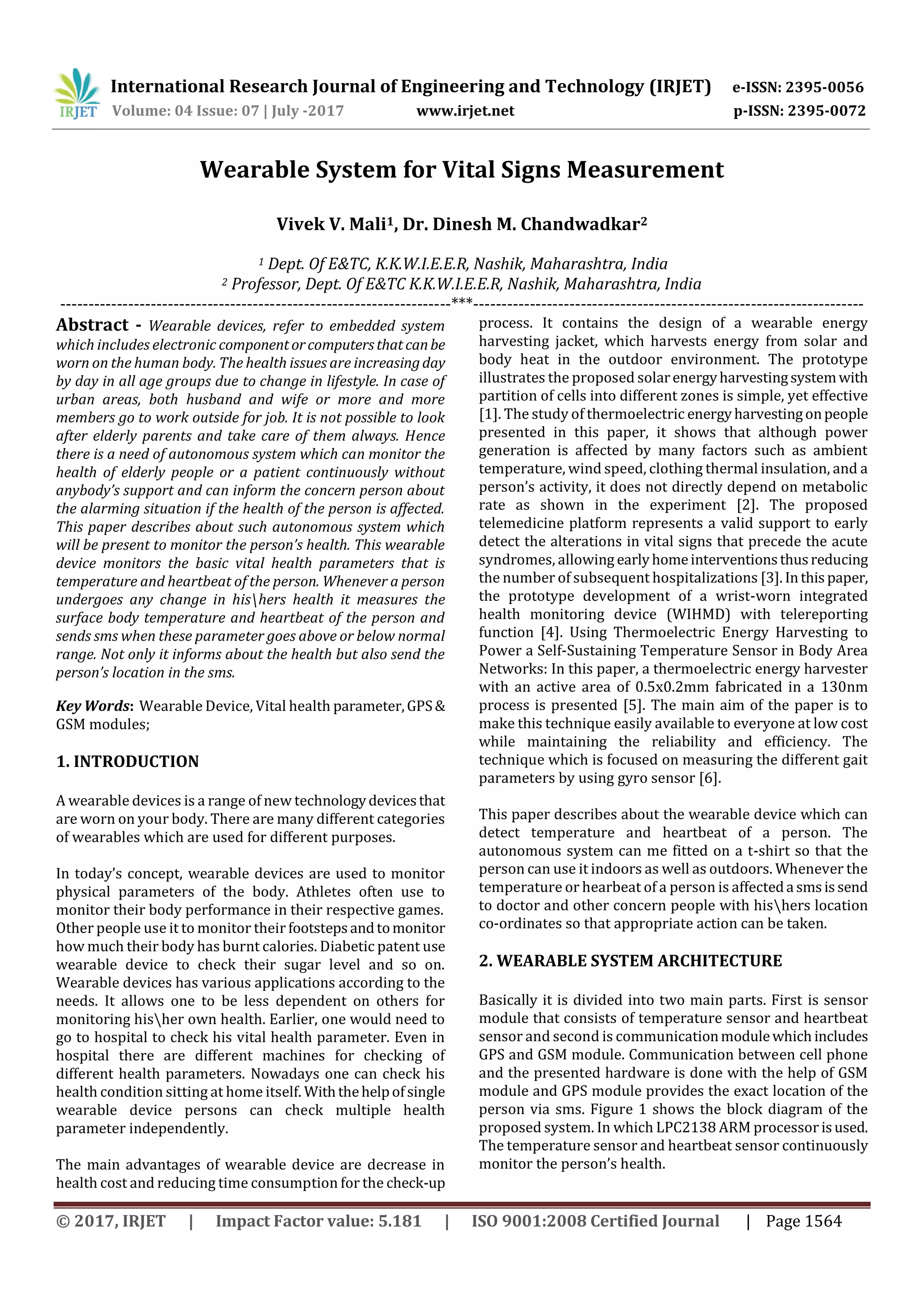 Wearable System for Vital Signs Measurement | PDF