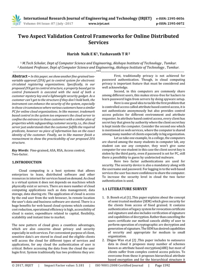 Two Aspect Validation Control Frameworks for Online Distributed Services | PDF