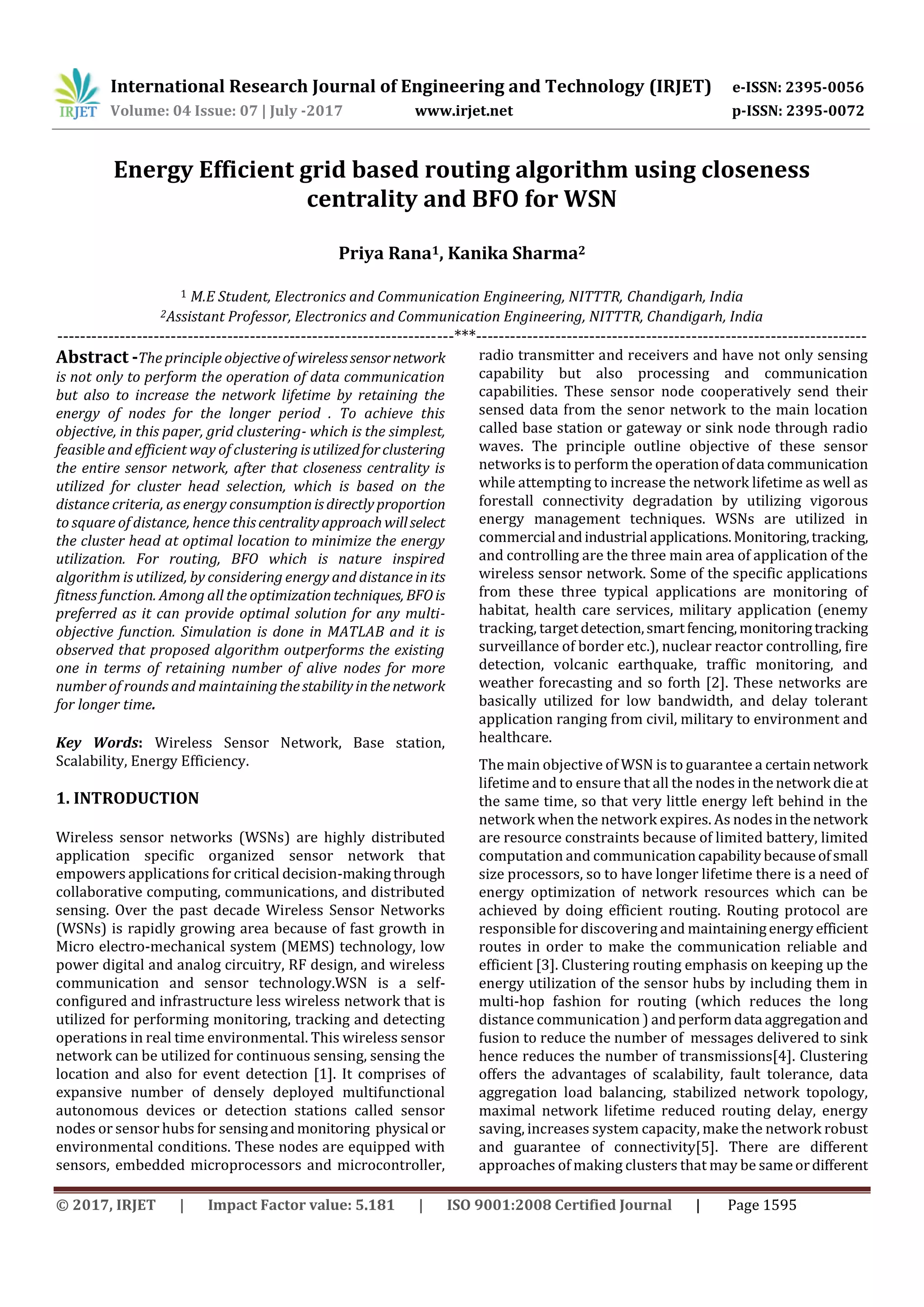 Energy Efficient Grid Based Routing Algorithm Using Closeness Centrality And Bfo For Wsn Pdf