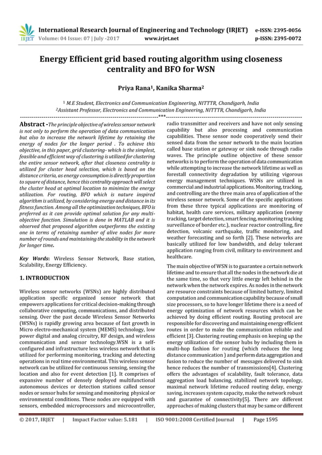 Energy Efficient Grid based Routing Algorithm using Closeness Centrality and BFO for WSN | PDF
