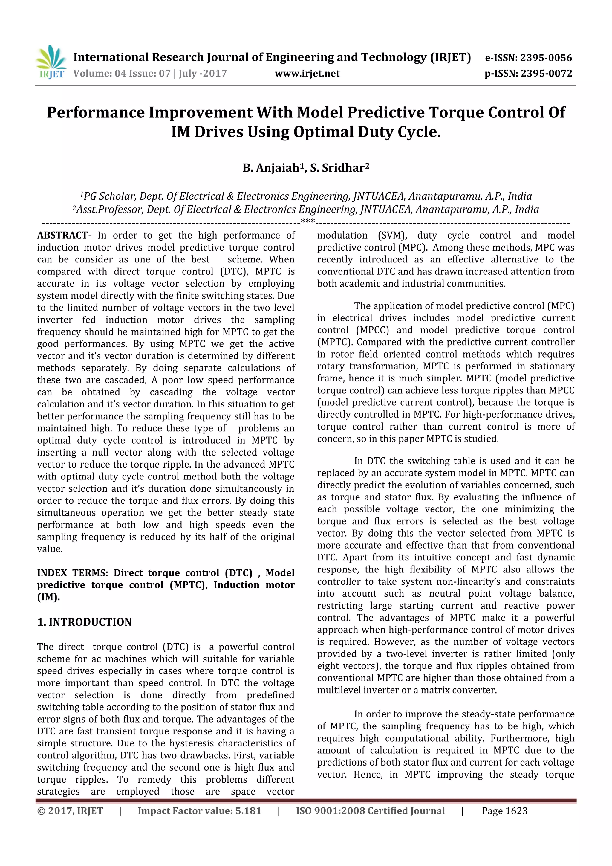 Performance Improvement with Model Predictive Torque Control of IM Drives using Optimal Duty ...
