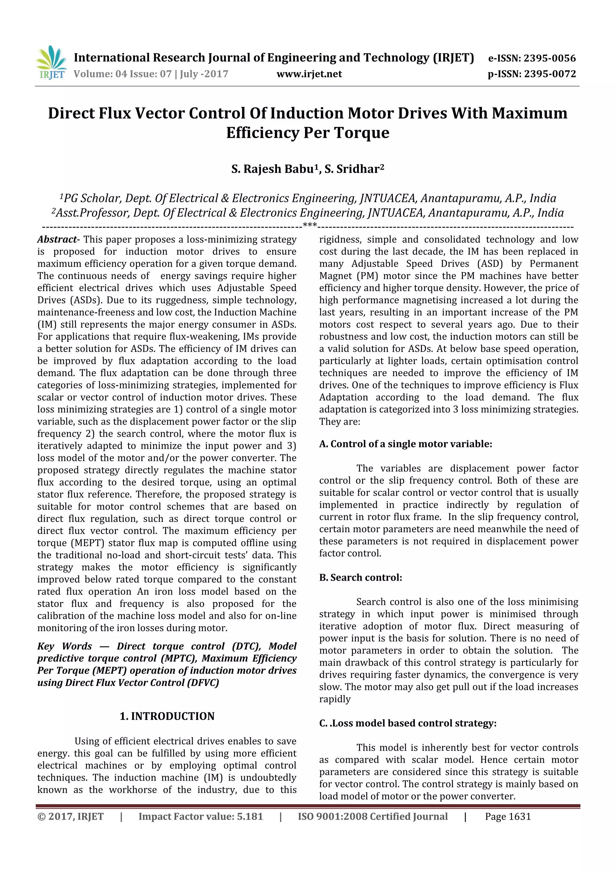 Direct Flux Vector Control Of Induction Motor Drives With Maximum Efficiency Per Torque Pdf
