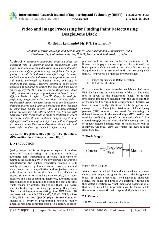 Video and Image Processing for Finding Paint Defects using BeagleBone Black | PDF