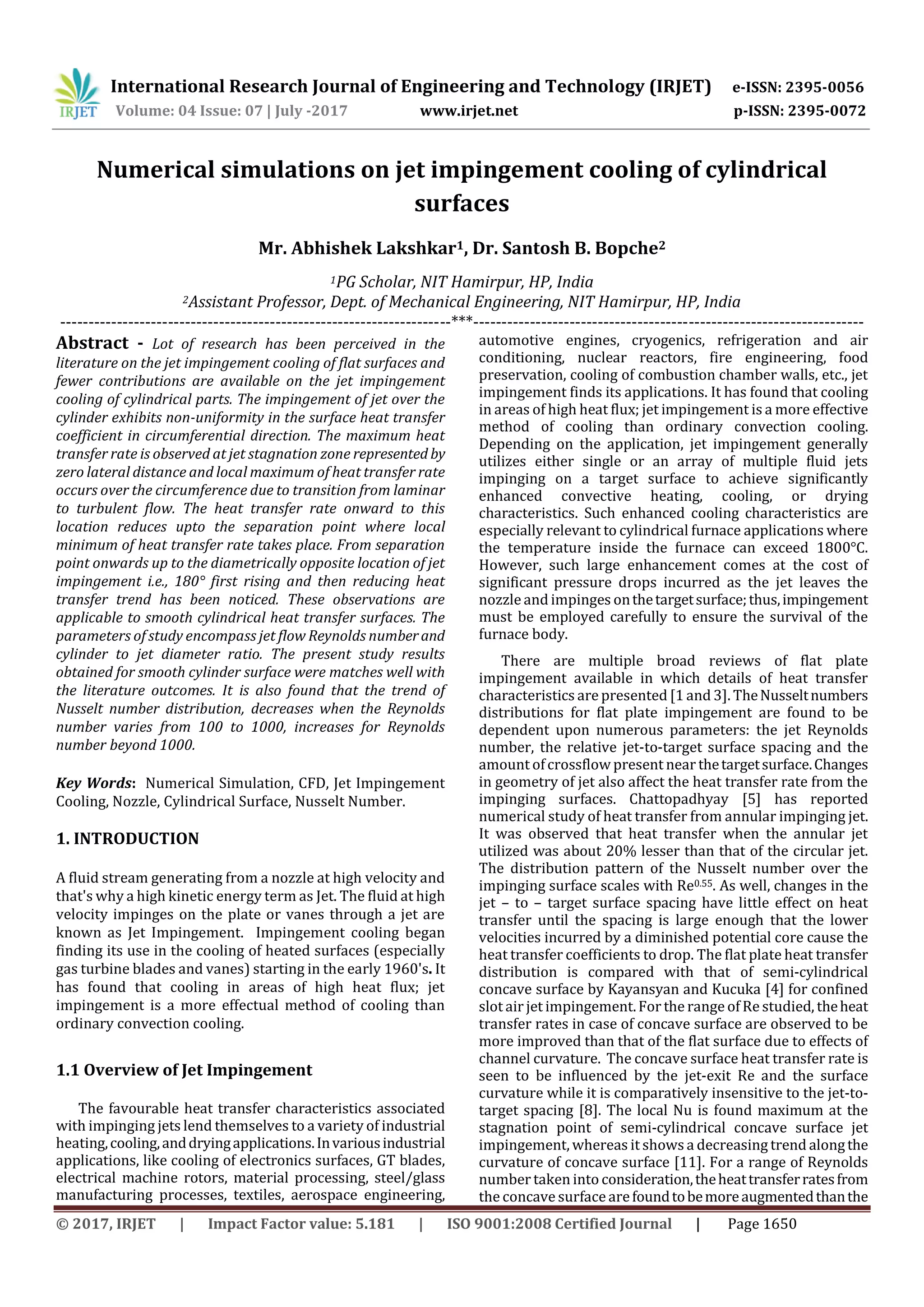 Numerical Simulations on Jet Impingement Cooling of Cylindrical Surfaces | PDF