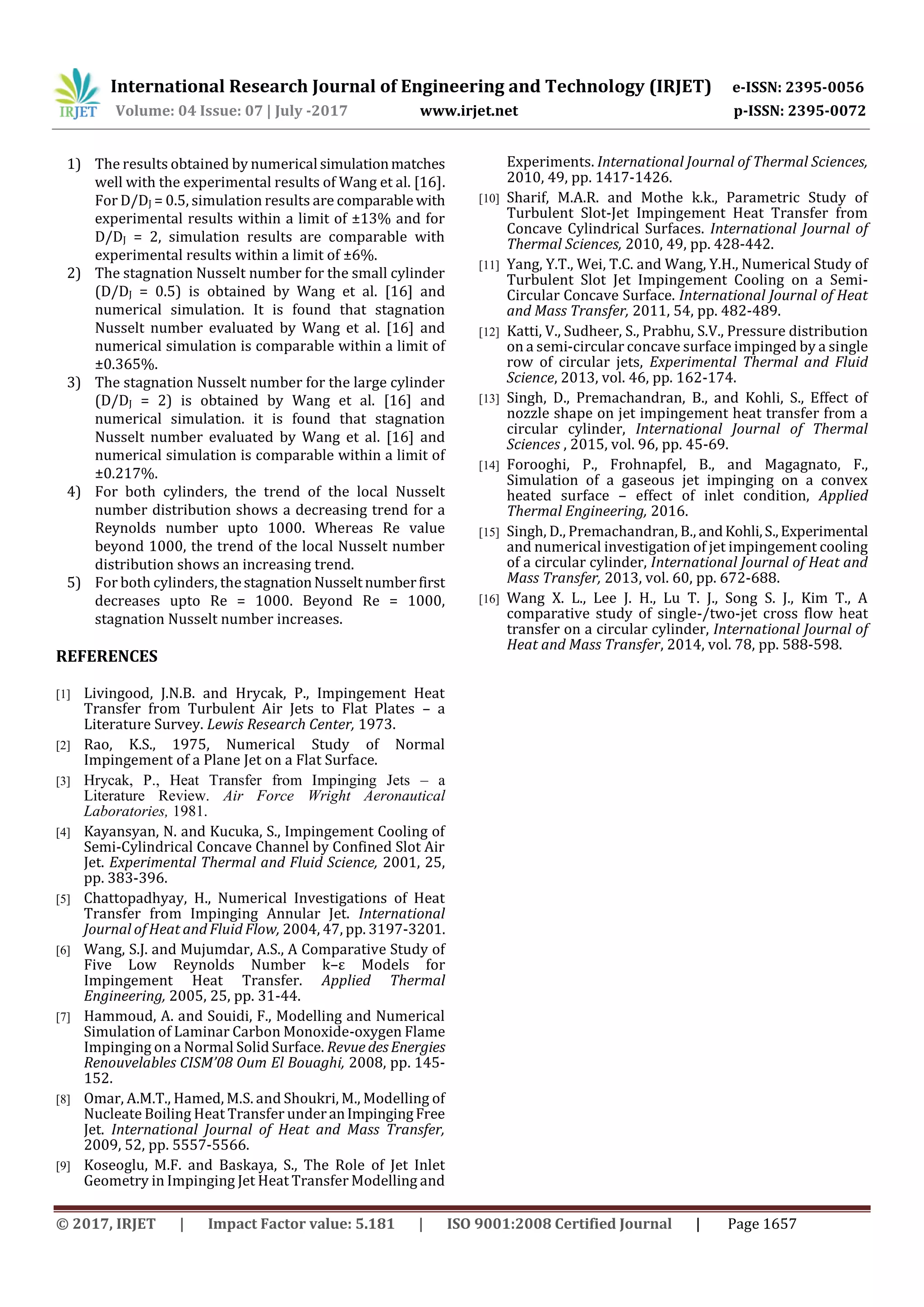 Numerical Simulations on Jet Impingement Cooling of Cylindrical Surfaces | PDF