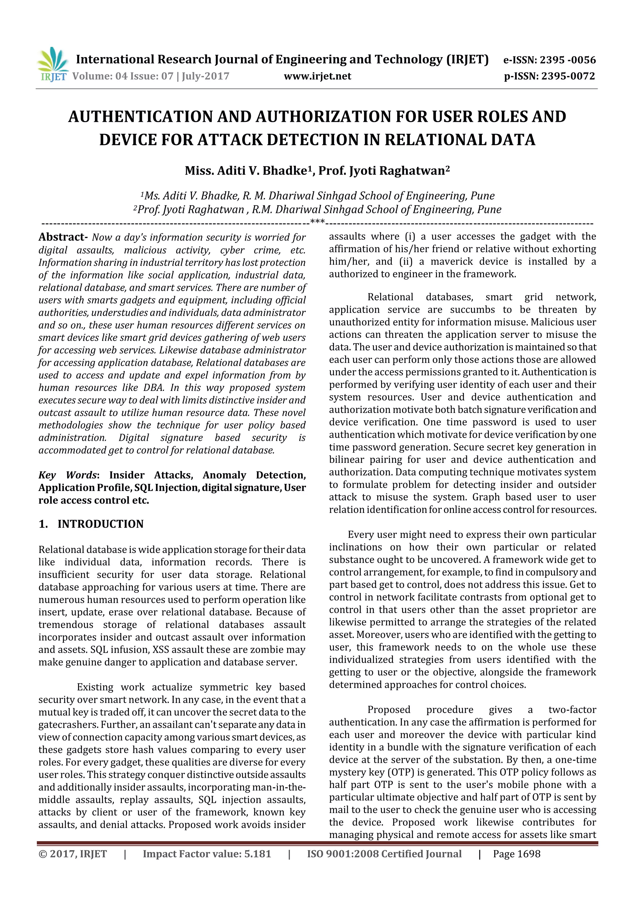 Authentication And Authorization For User Roles And Device For Attack Detection In Relational 