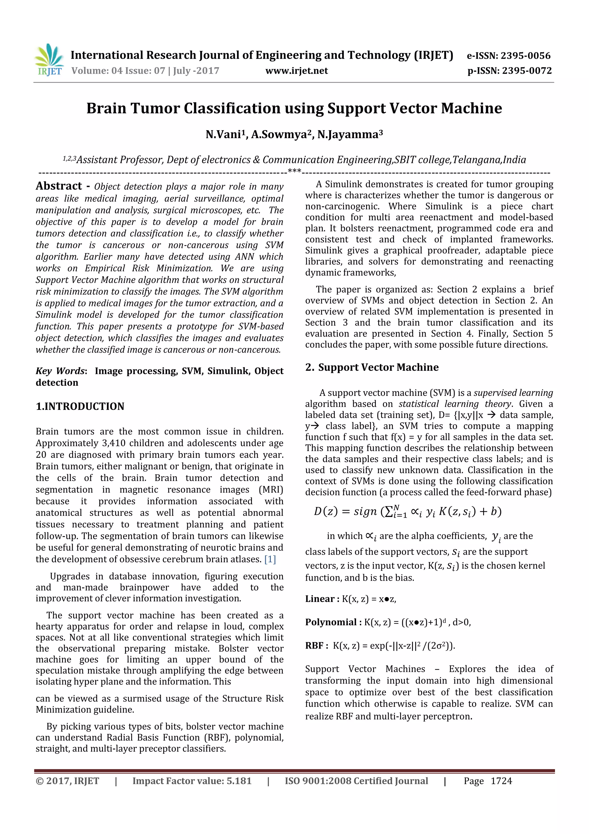 Brain Tumor Classification using Support Vector Machine | PDF