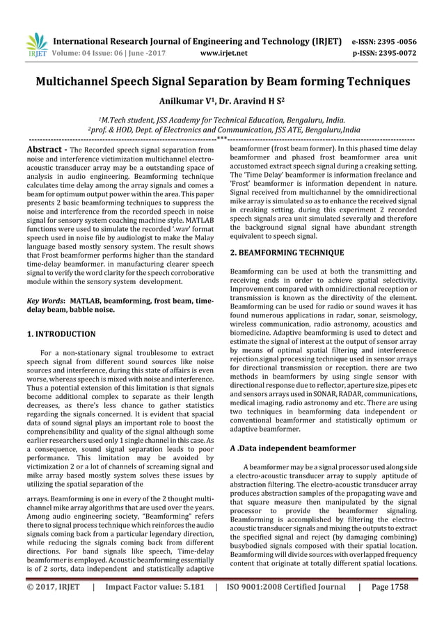 Multichannel Speech Signal Separation by Beam forming Techniques | PDF