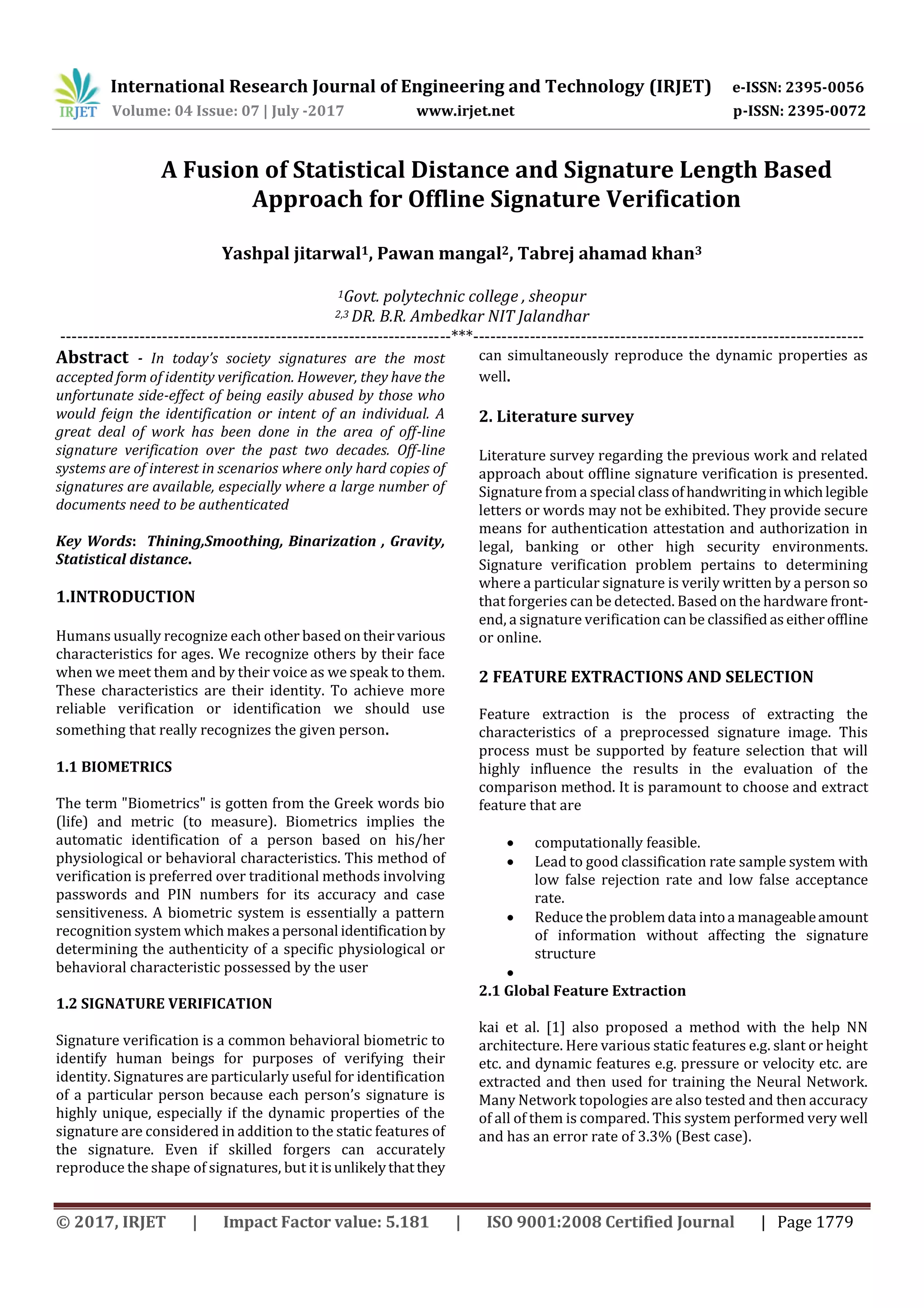 A Fusion of Statistical Distance and Signature Length Based Approach for Offline Signature ...