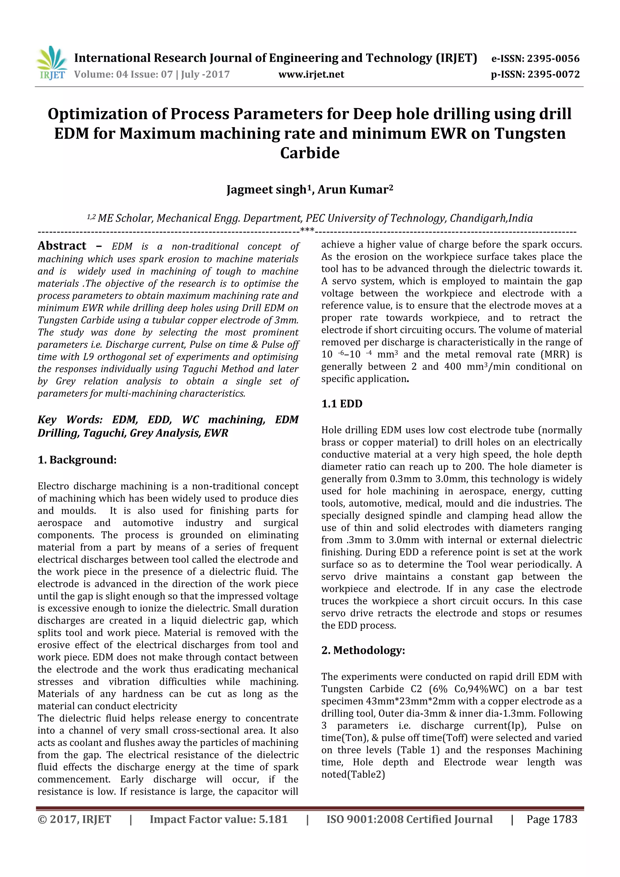 Optimization of Process Parameters for Deep Hole Drilling using Drill EDM for Maximum Machining ...