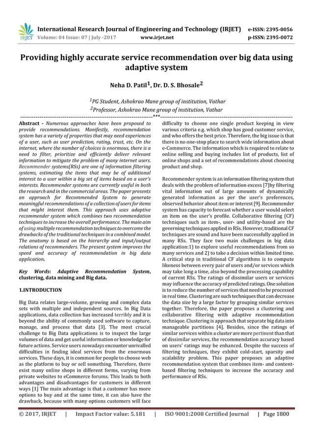 Providing Highly Accurate Service Recommendation over Big Data using Adaptive System | PDF