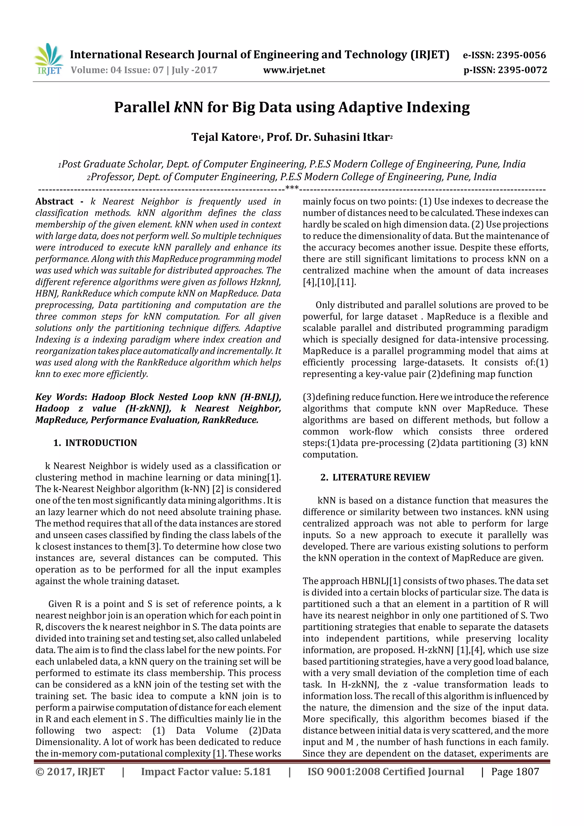 Parallel KNN for Big Data using Adaptive Indexing | PDF