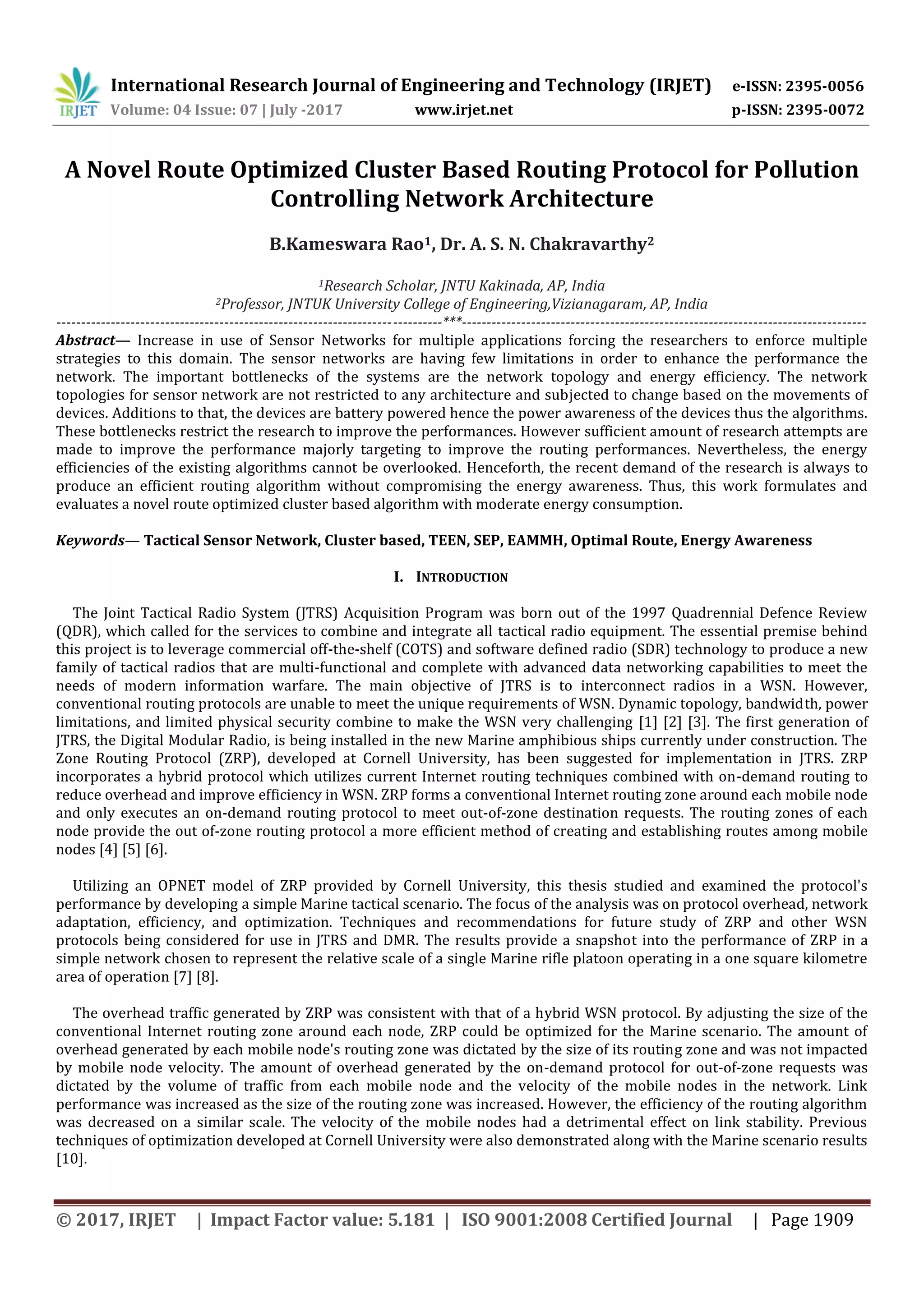 A Novel Route Optimized Cluster Based Routing Protocol For Pollution