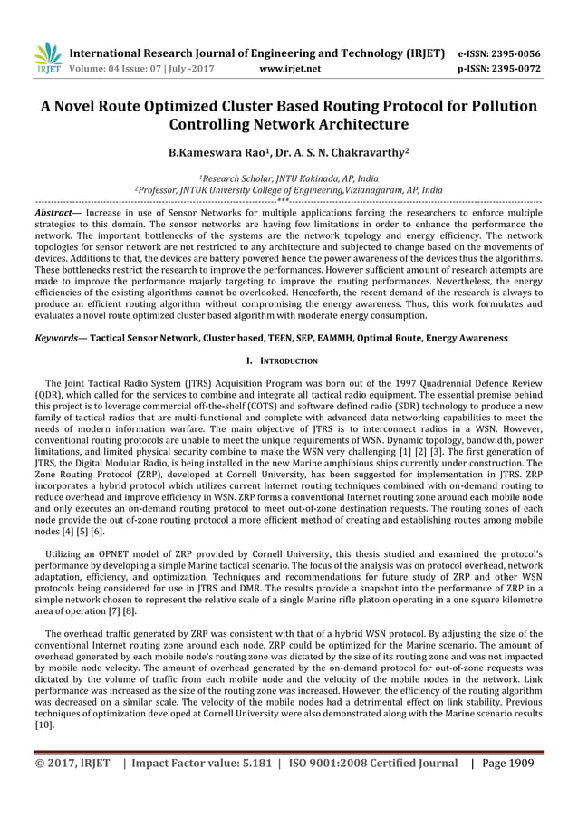 A Novel Route Optimized Cluster Based Routing Protocol for Pollution Controlling Network ...