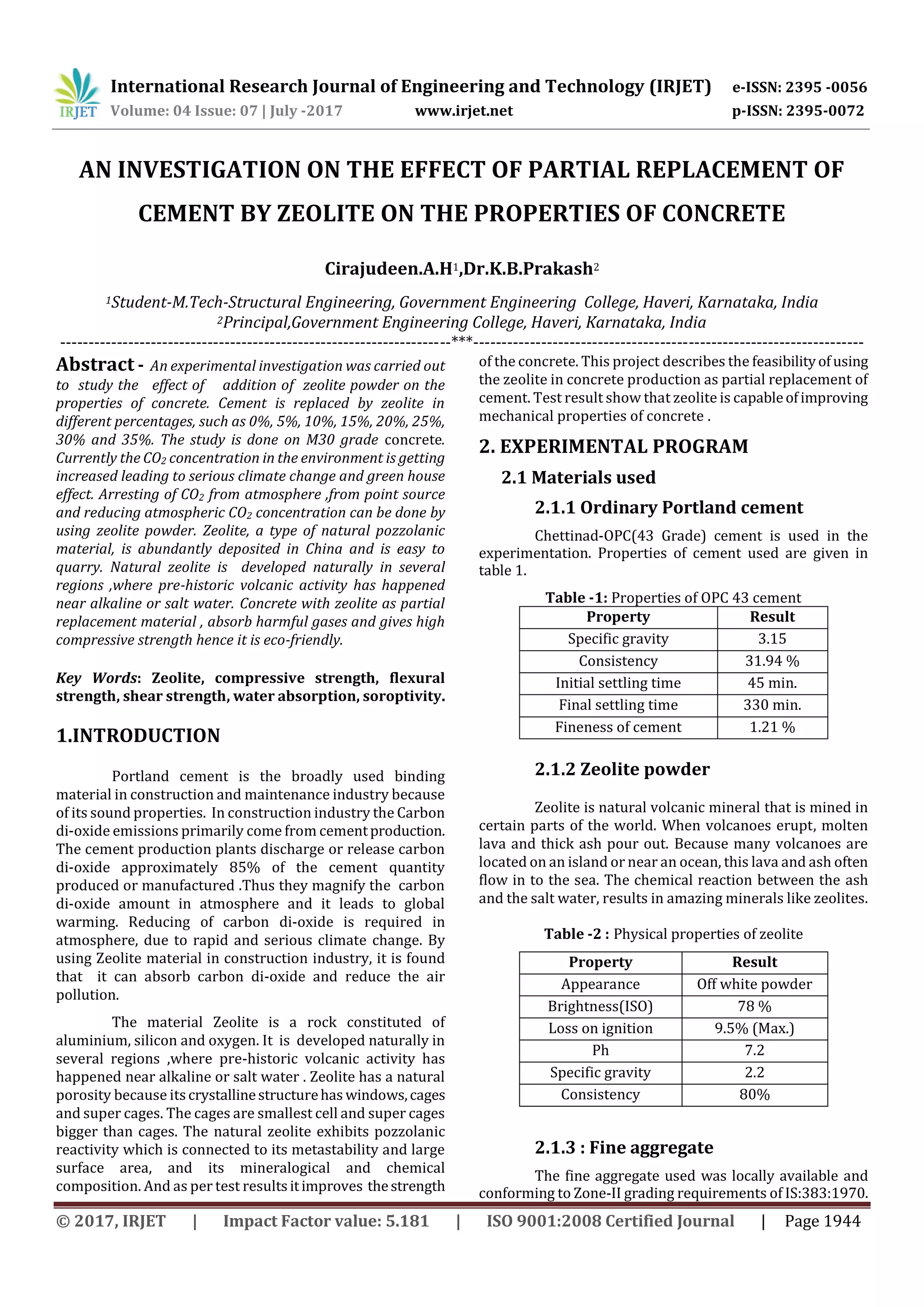 An Investigation on the Effect of Partial Replacement of Cement by ...