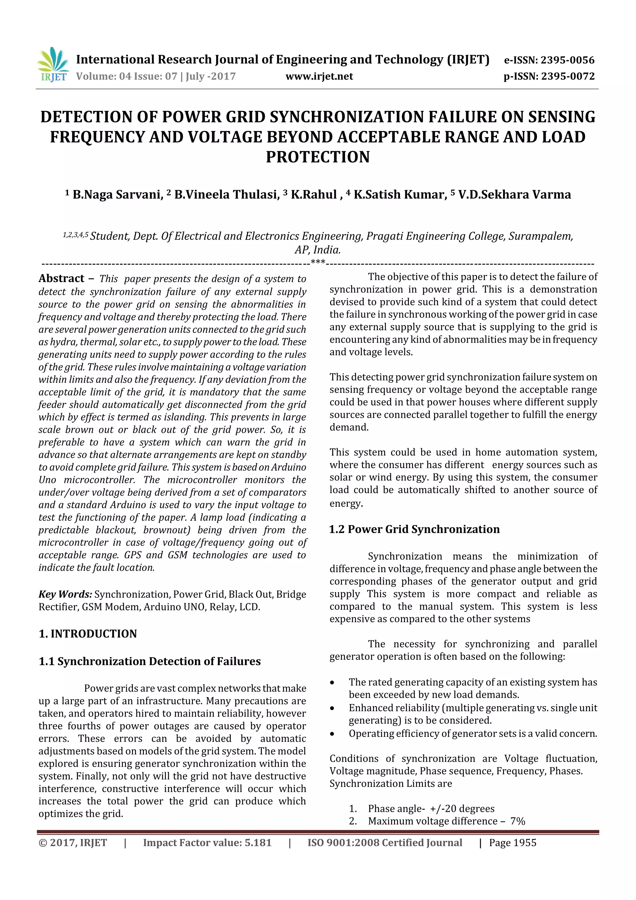 Detection of Power Grid Synchronization Failure on Sensing Frequency and Voltage Beyond ...