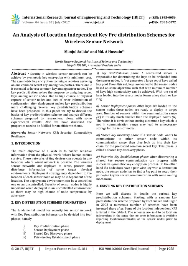 An Analysis of Location Independent Key Predistribution Schemes for Wireless Sensor Network | PDF