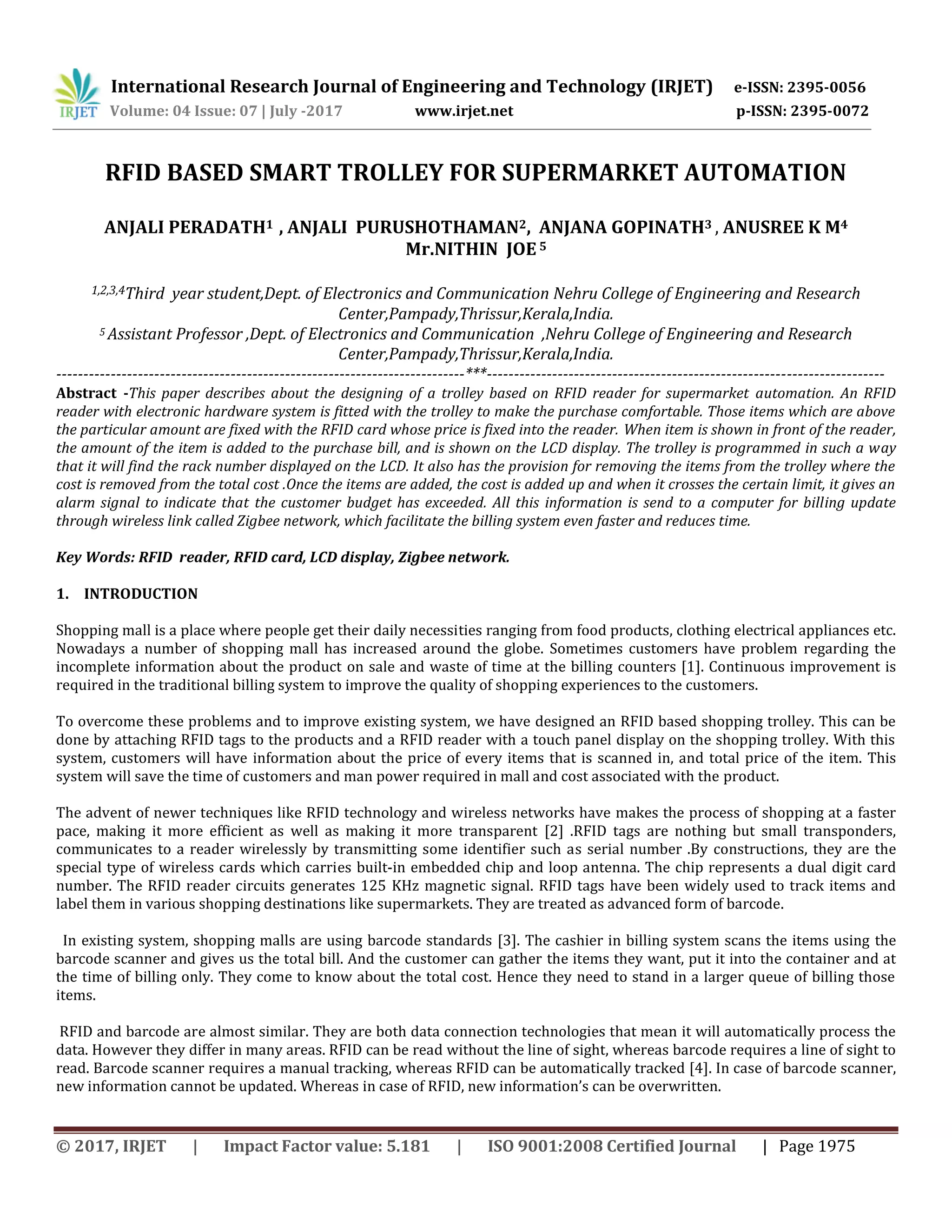 RFID Based Smart Trolley for Supermarket Automation | PDF