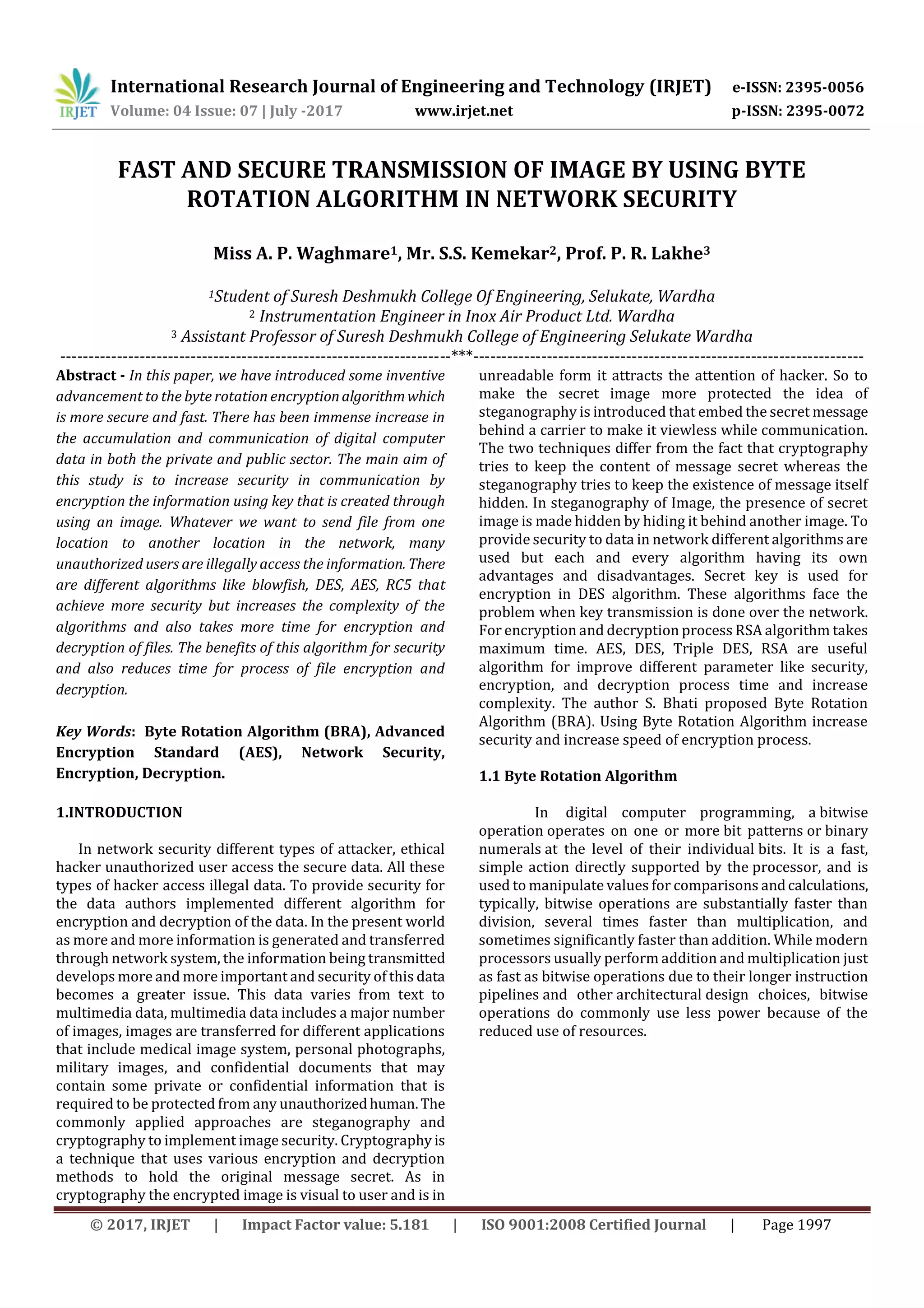 Fast And Secure Transmission Of Image By Using Byte Rotation Algorithm In Network Security Pdf