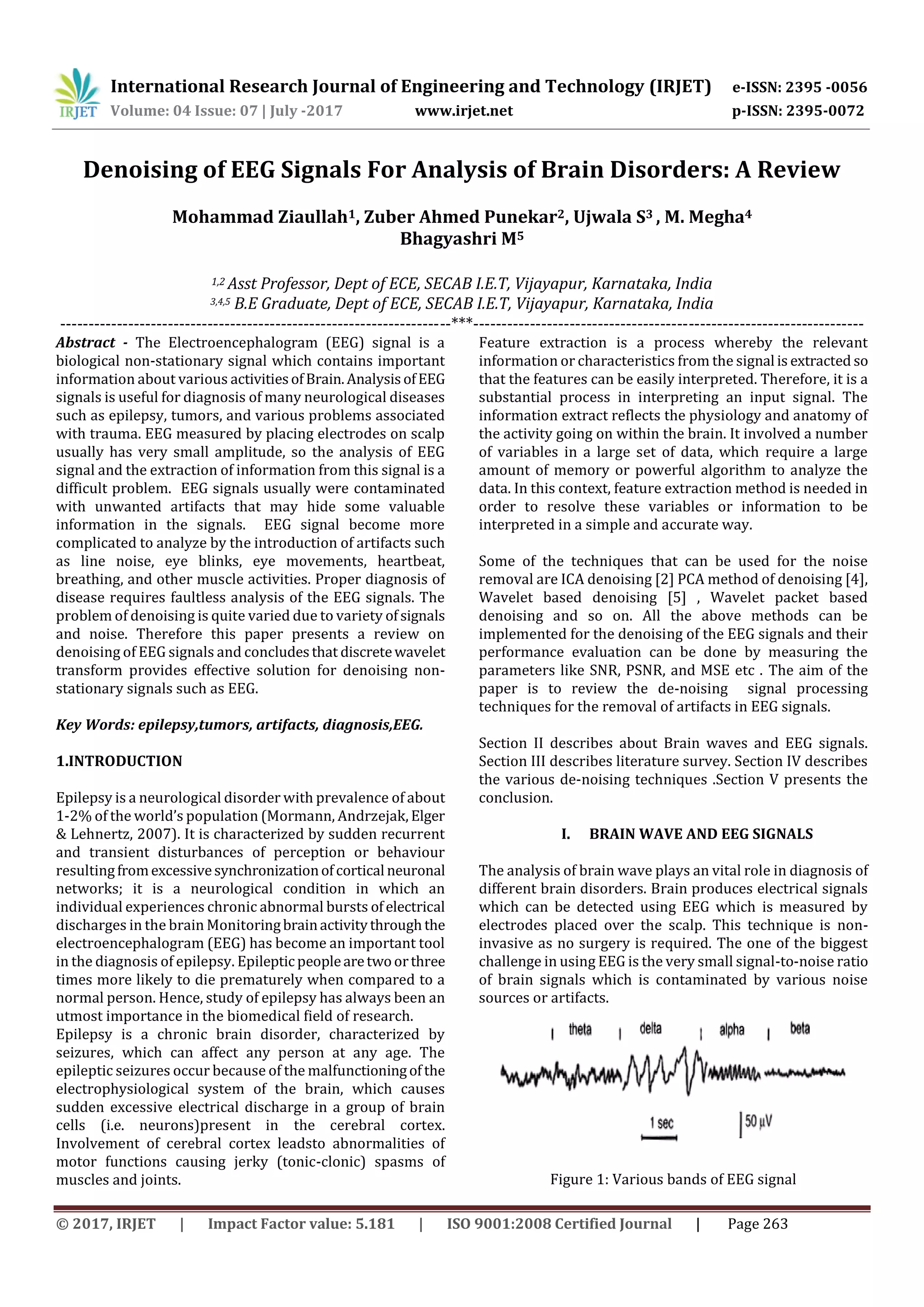 Denoising of EEG Signals for Analysis of Brain Disorders: A Review | PDF